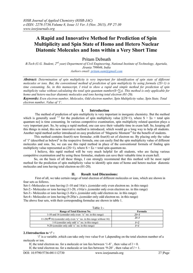 A Rapid and Innovative Method for Prediction of Spin Multiplicity and ...