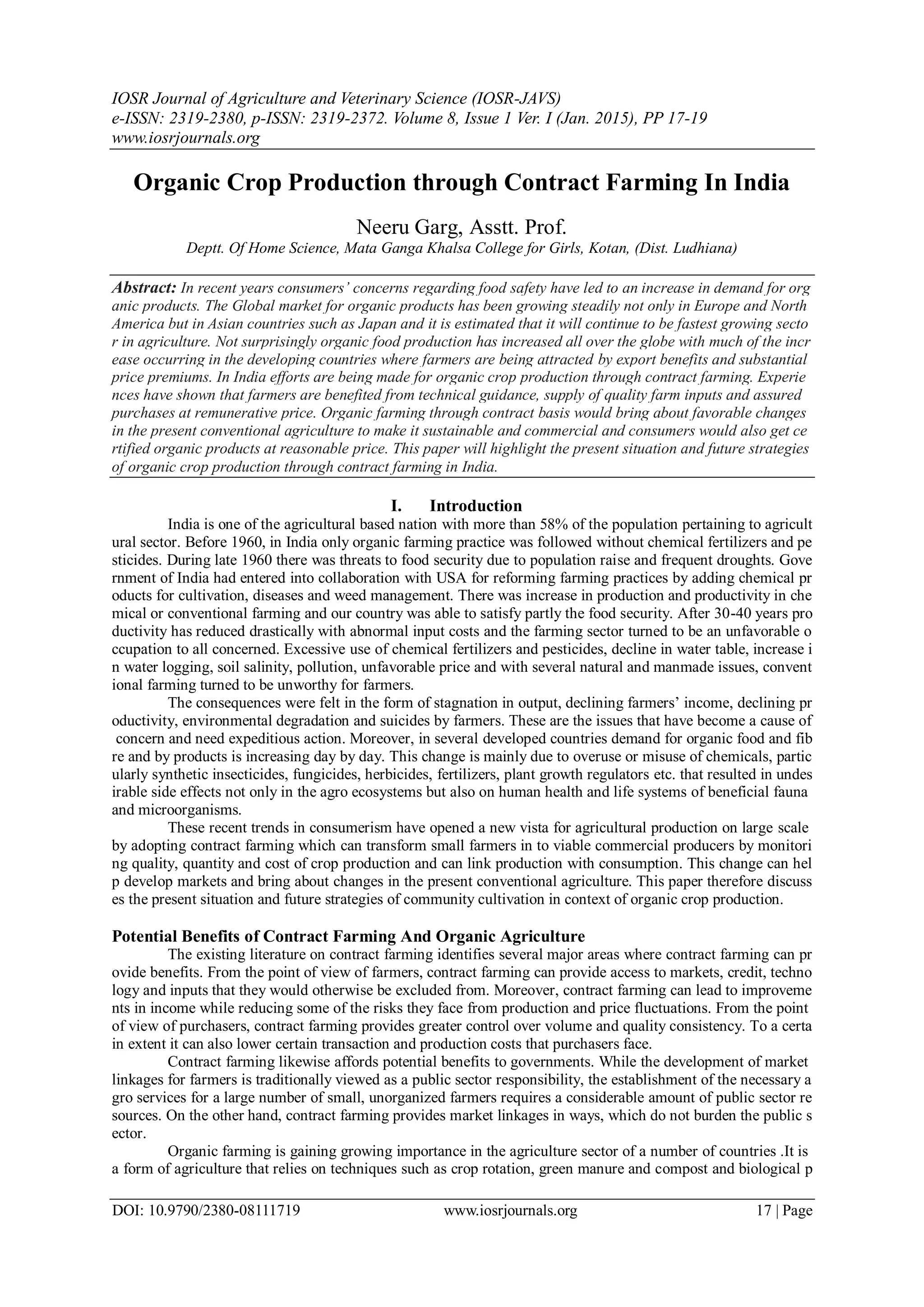 Organic Crop Production through Contract Farming In India | PDF