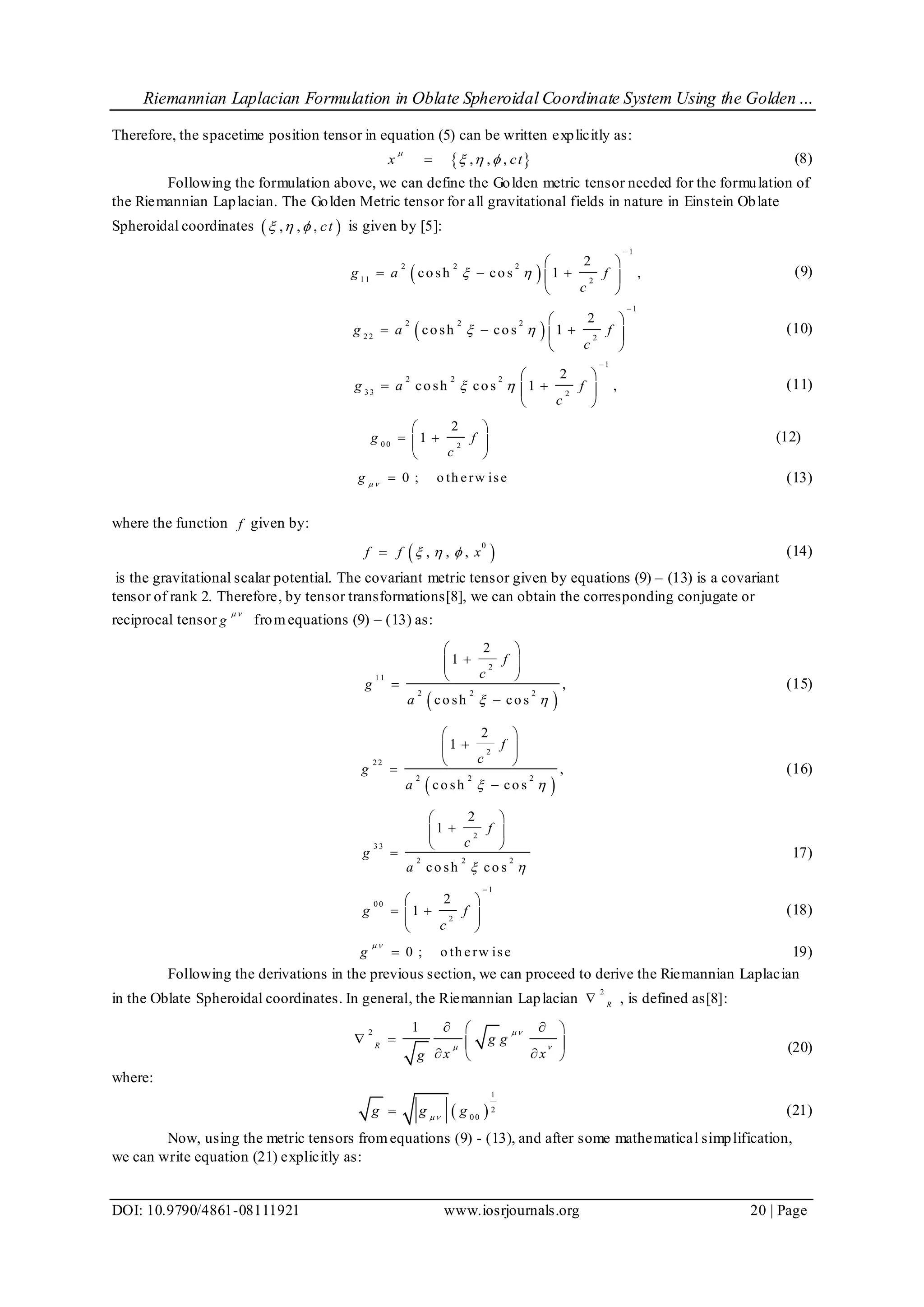Riemannian Laplacian Formulation in Oblate Spheroidal Coordinate System Using the Golden Metric ...