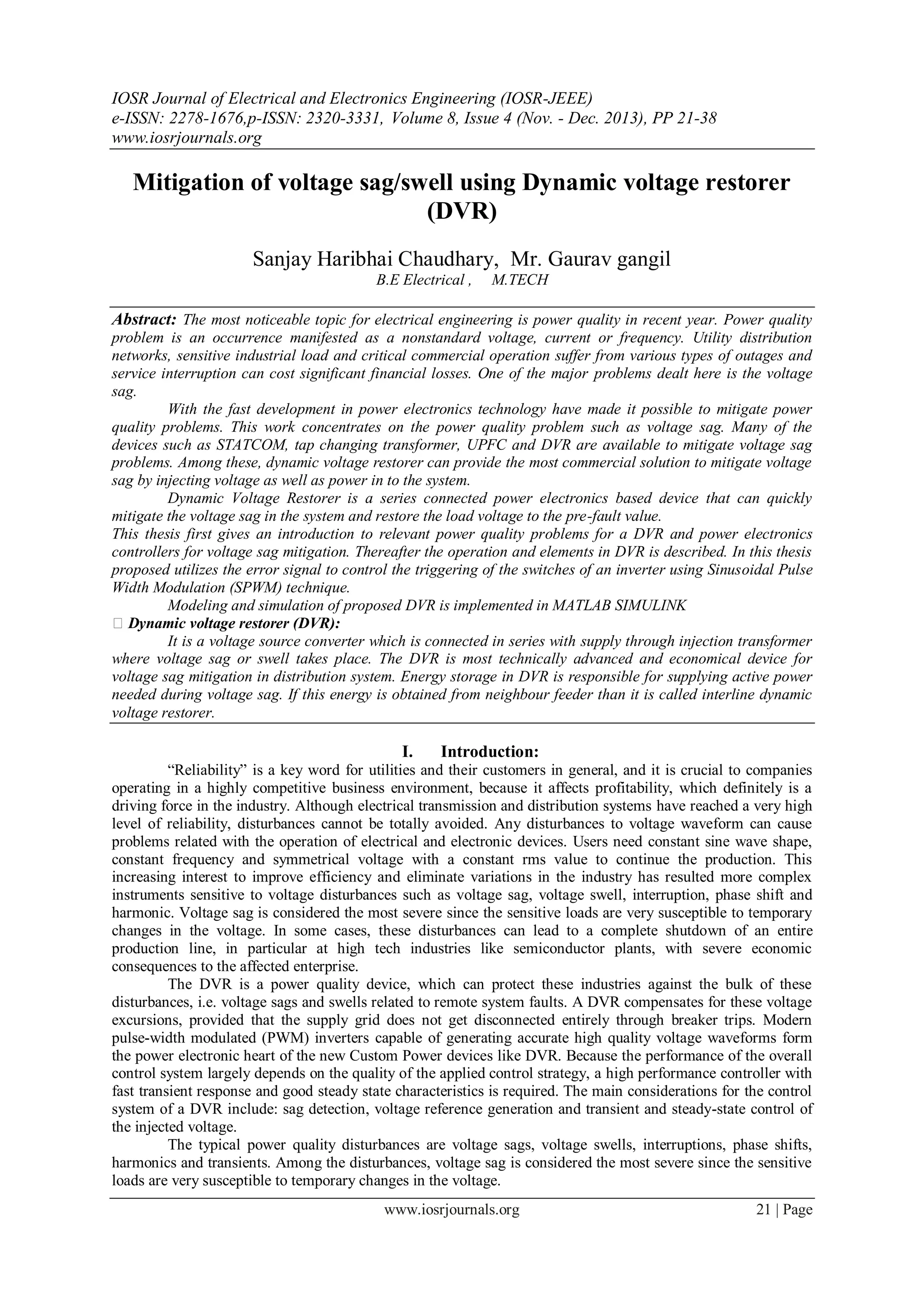 Mitigation of voltage sag/swell using Dynamic voltage restorer (DVR) | PDF