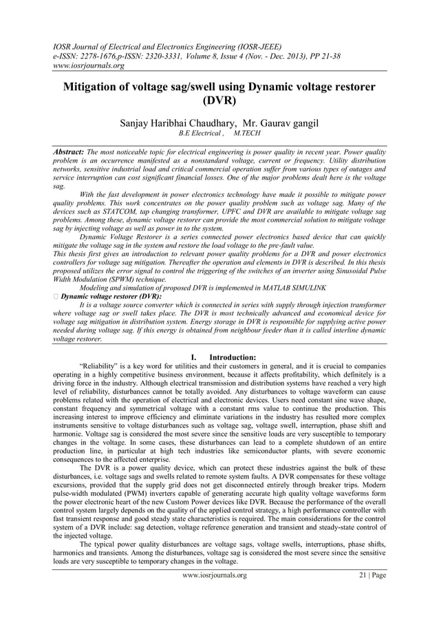 Mitigation of voltage sag/swell using Dynamic voltage restorer (DVR) | PDF