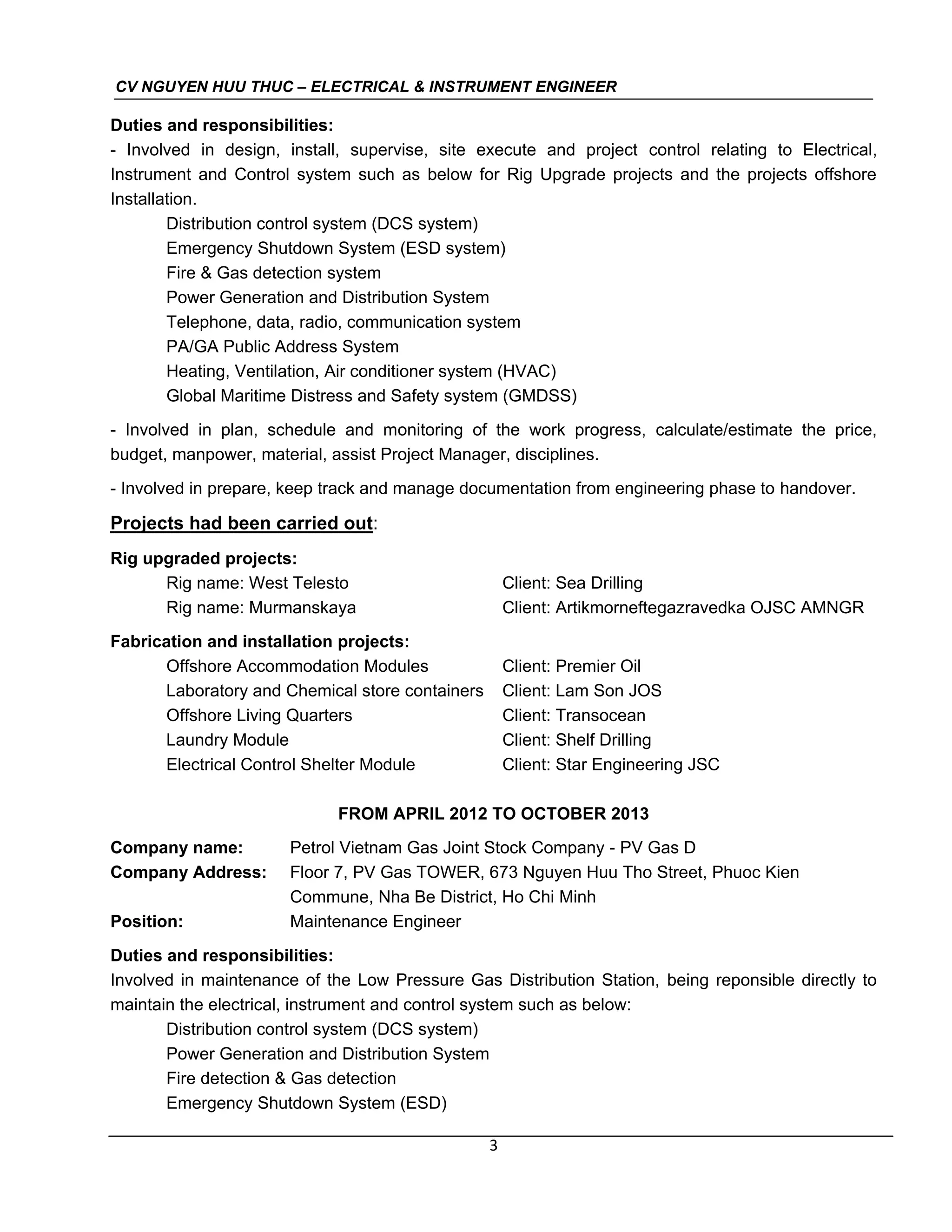 CV NGUYEN HUU THUC - ELECTRICAL & INSTRUMENT ENGINEER | PDF