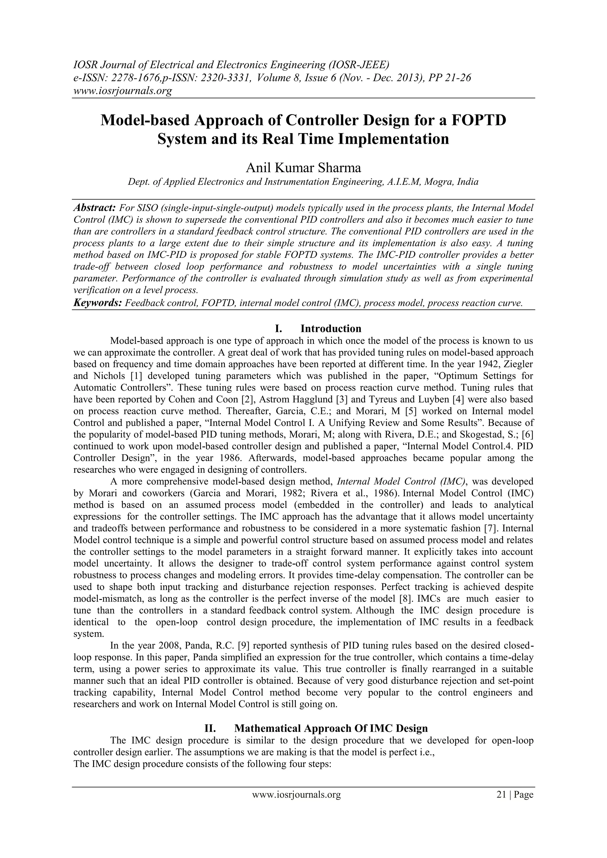Model-based Approach of Controller Design for a FOPTD System and its ...
