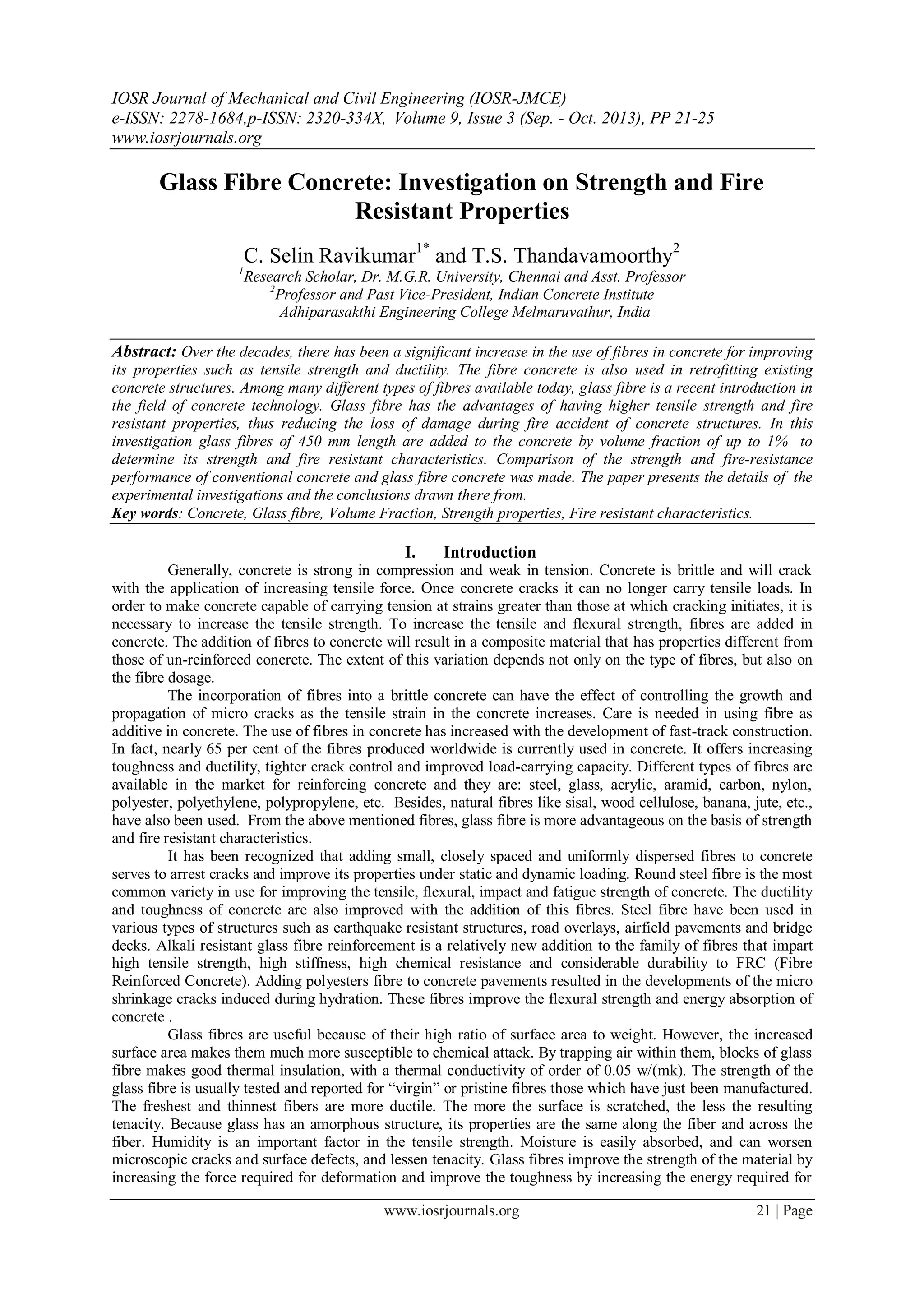 Glass Fibre Concrete: Investigation on Strength and Fire Resistant ...