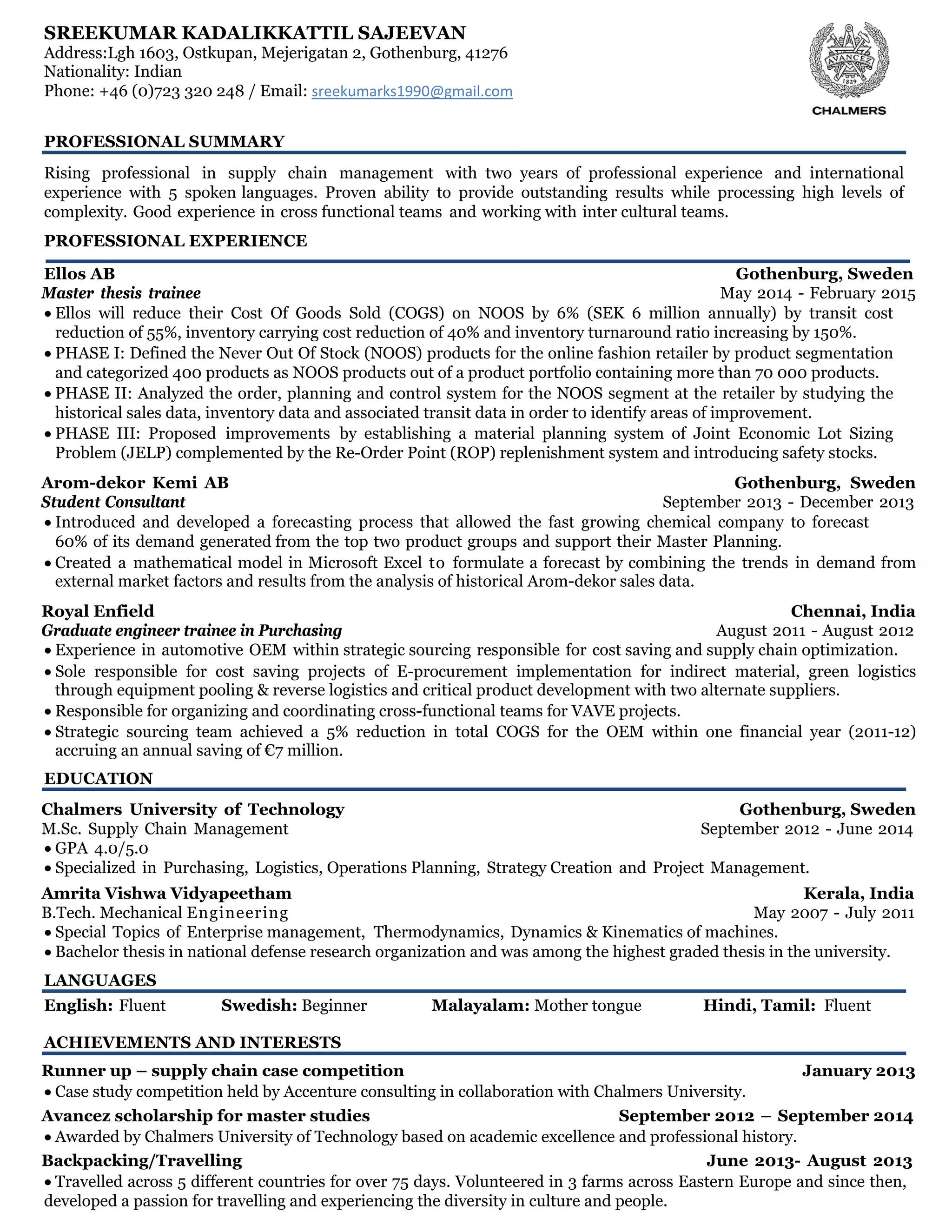 Curriculum vitae- Sreekumar K S | PDF | Logistics | Business