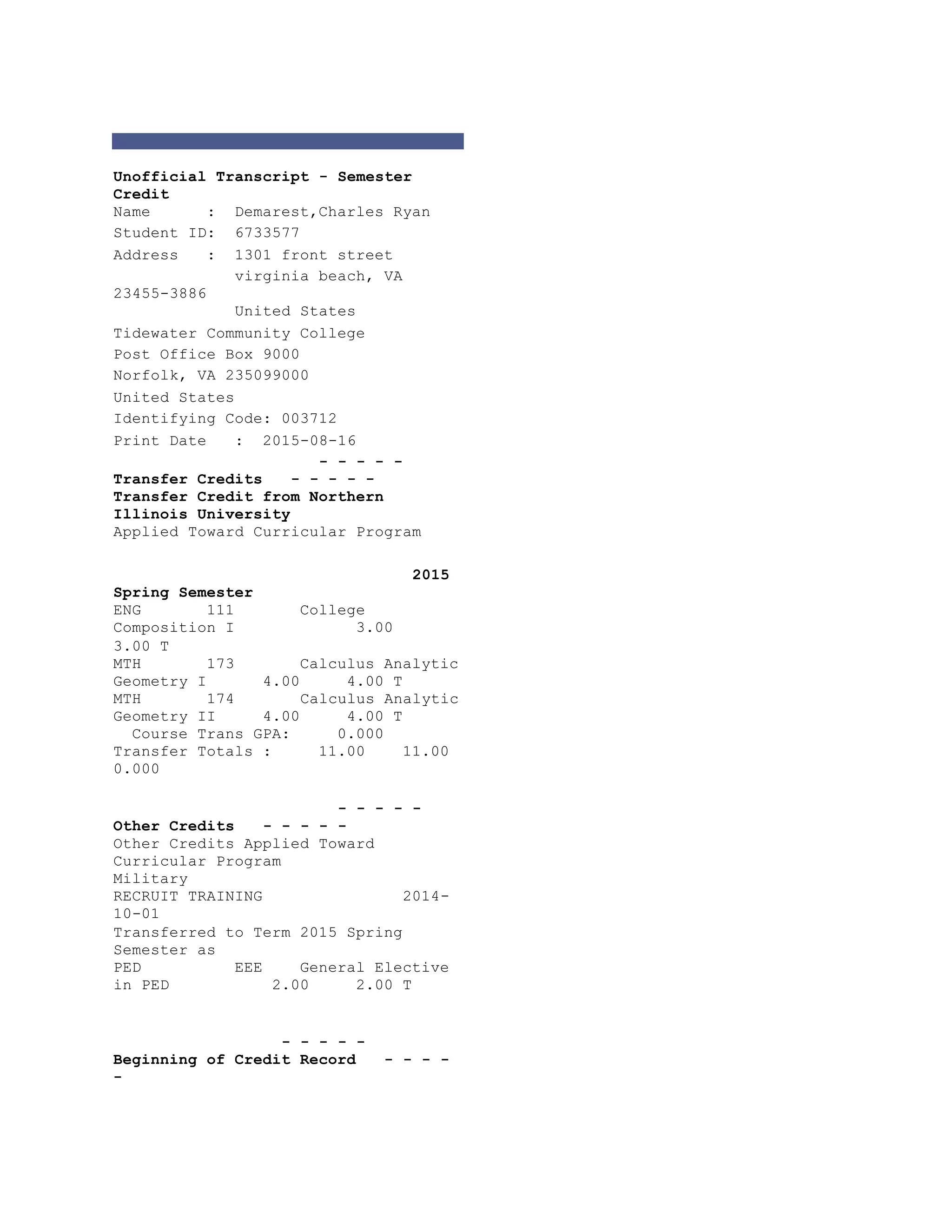 Unofficial Transcript | PDF