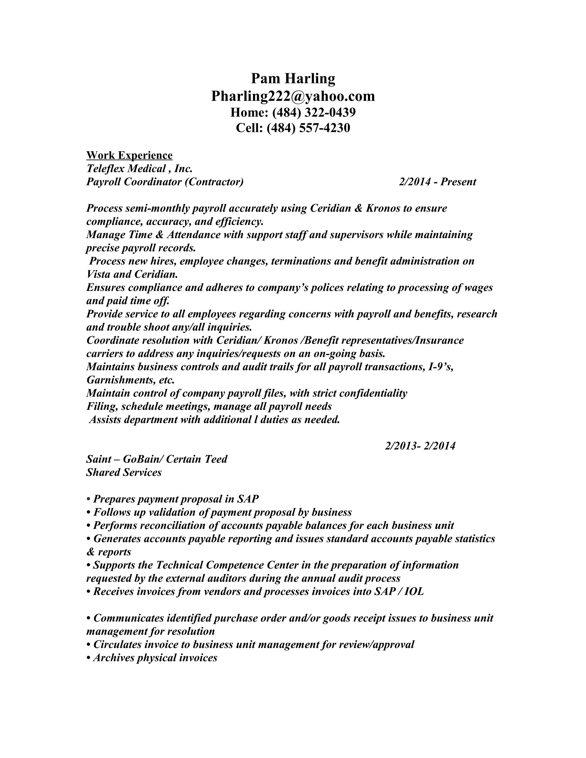 Pam Harling's Resume - Teleflex | PDF