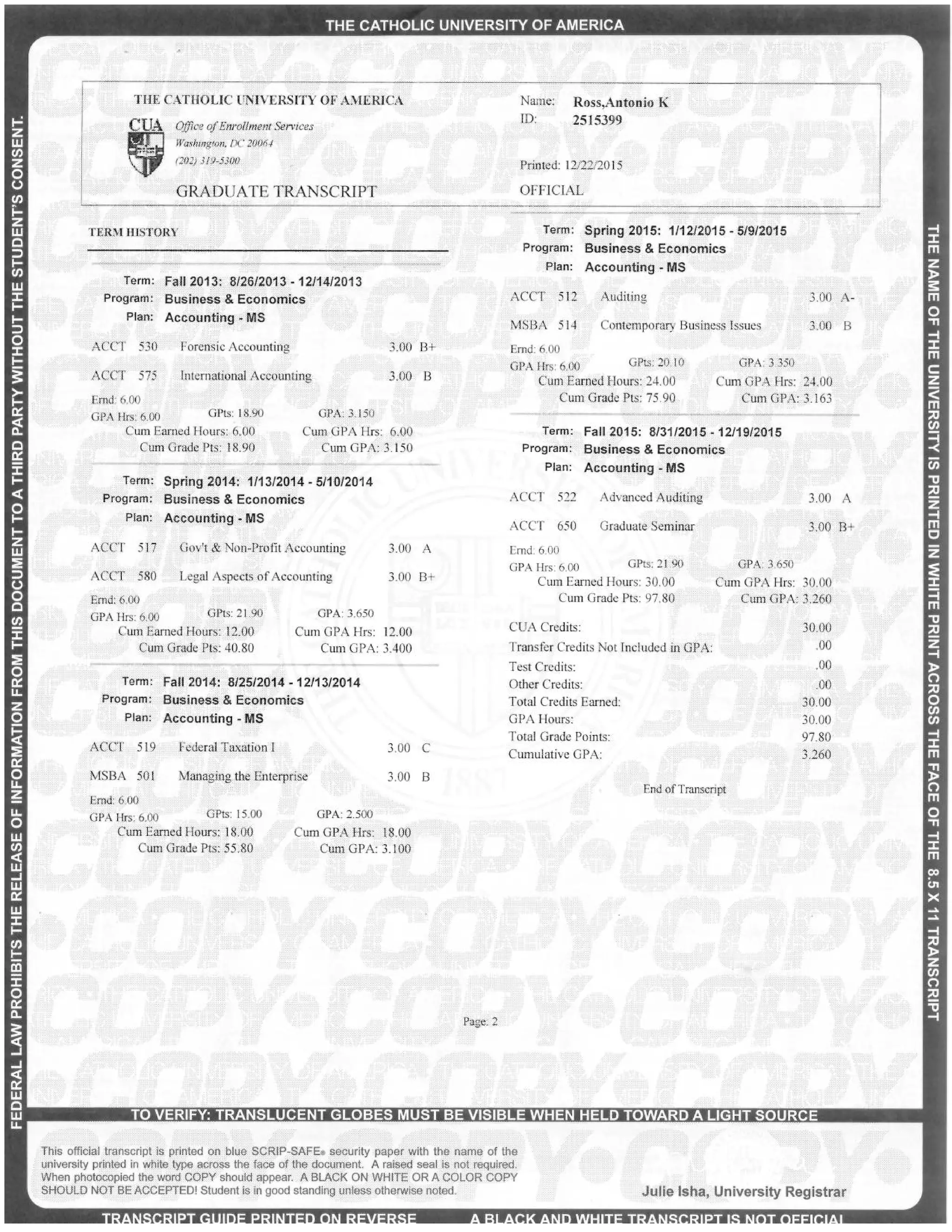 CUA Graduate Transcript | PDF