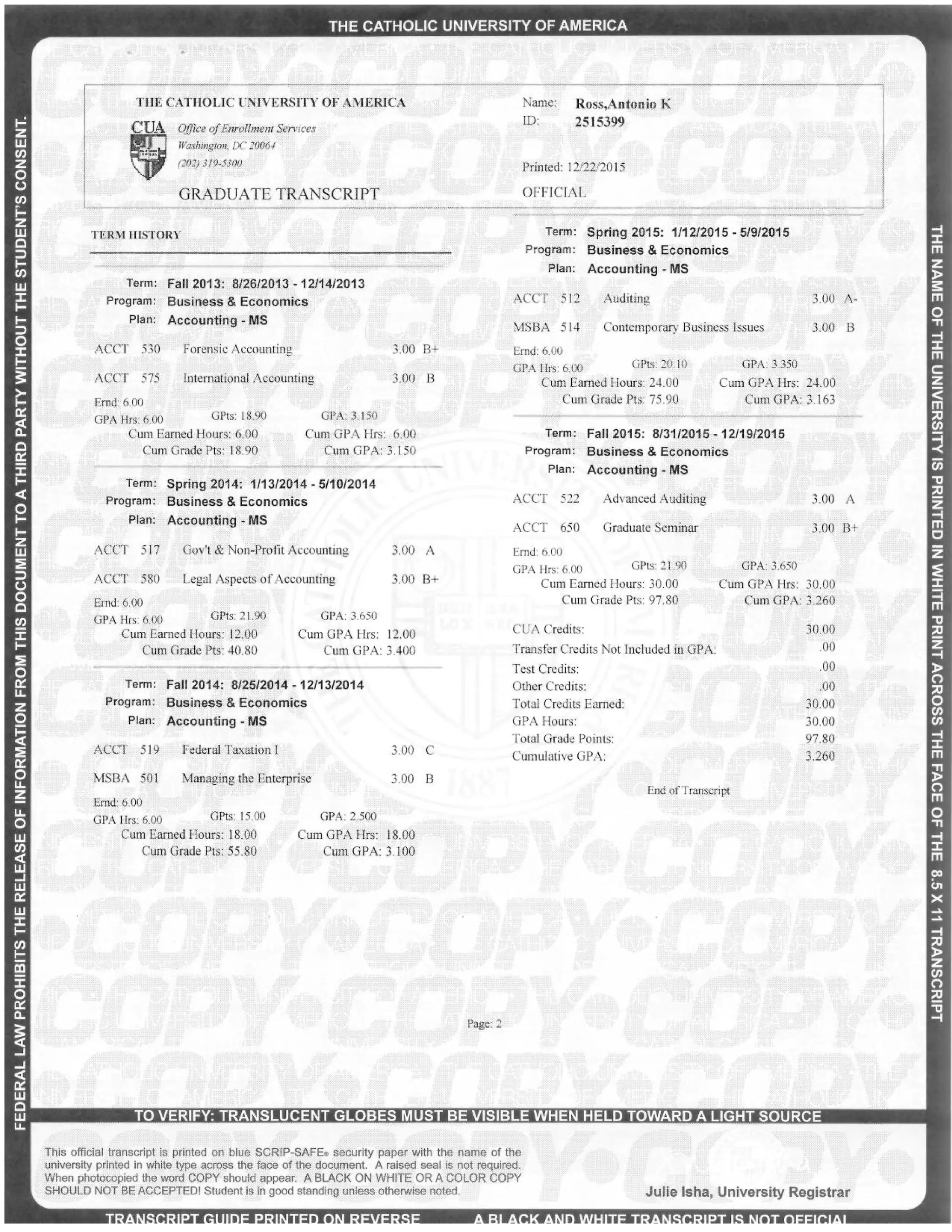 CUA Graduate Transcript | PDF