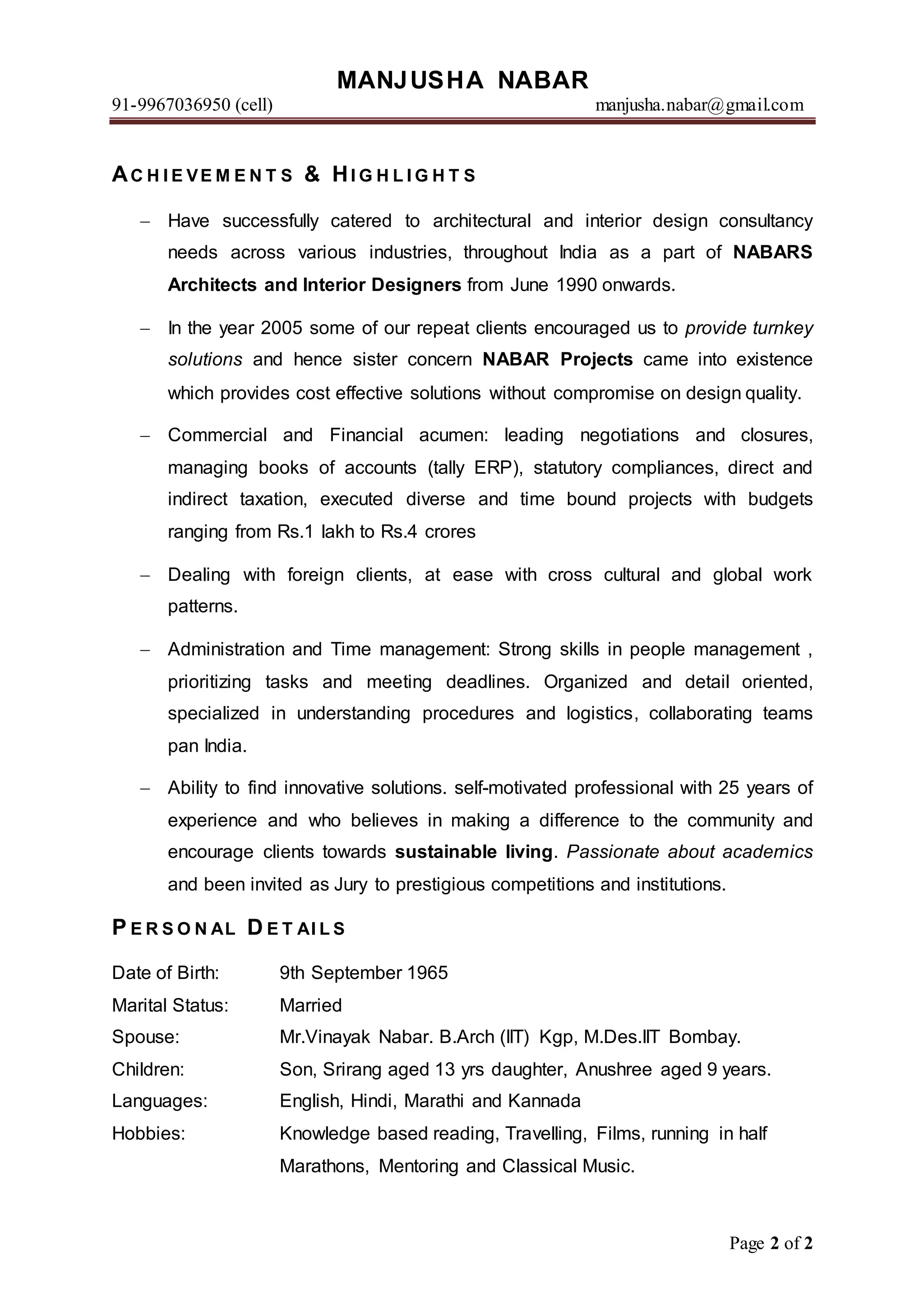 Manjusha Nabar _ resume 17082015 | DOCX | Business | Business and Finance