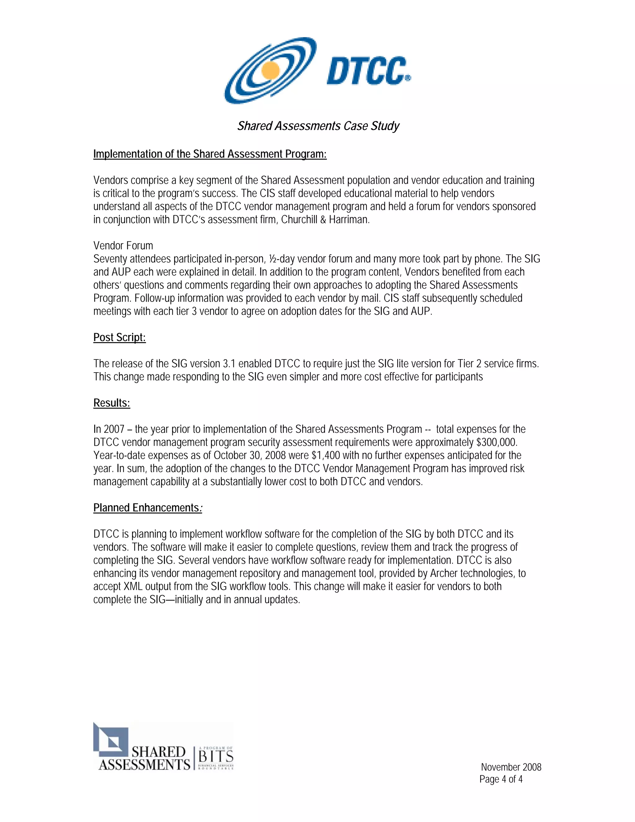 Depository Trust & Clearing Corporation Shared Assessments Case Study | PDF