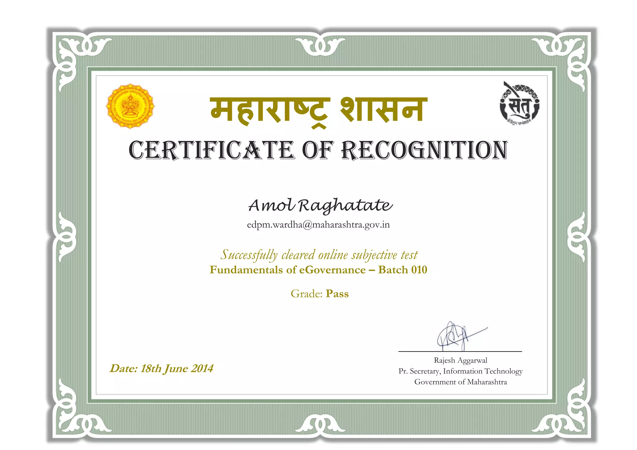 eGov_Certificate_Batch010_Pass_Amol Raghatate (1) | PDF