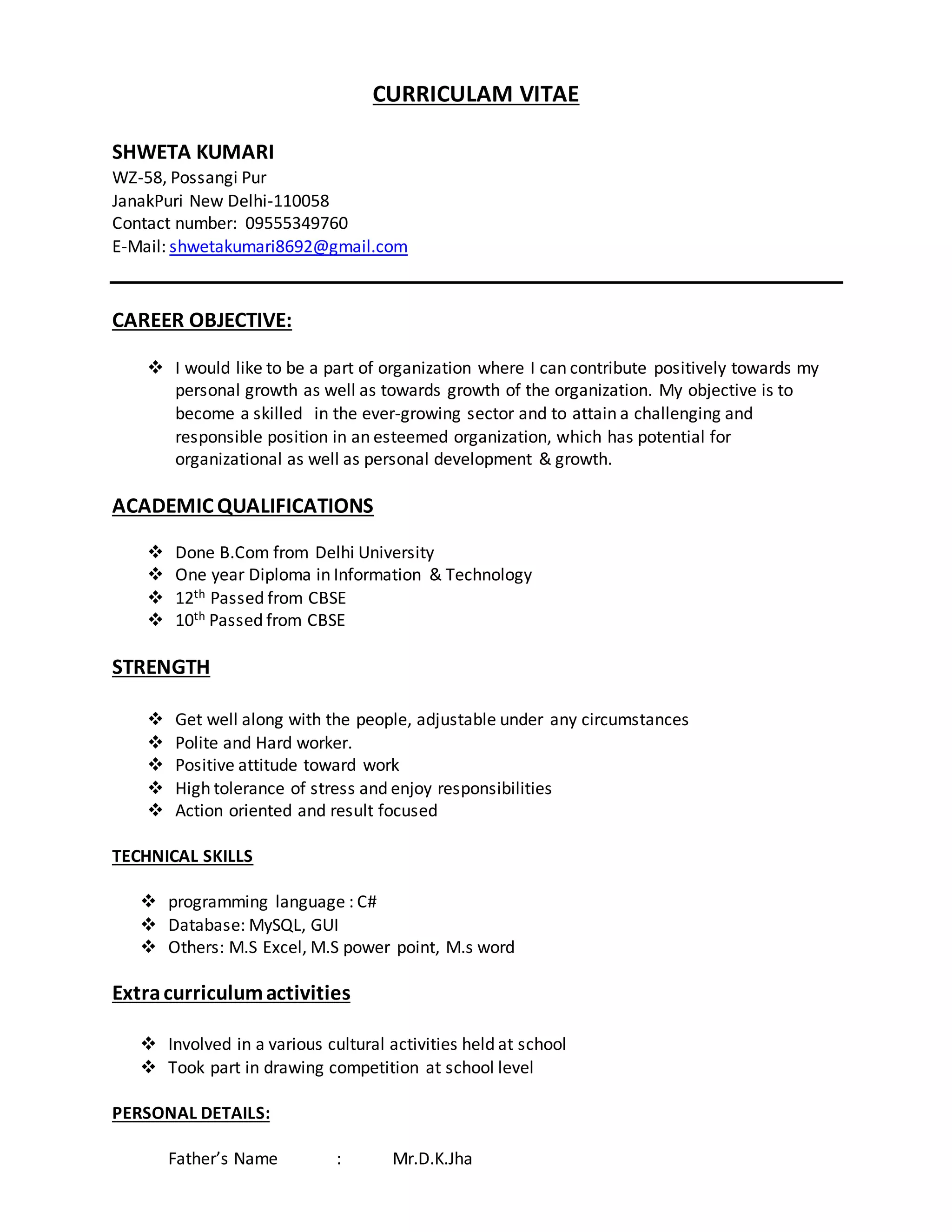 Shweta Kumari Resume | DOCX