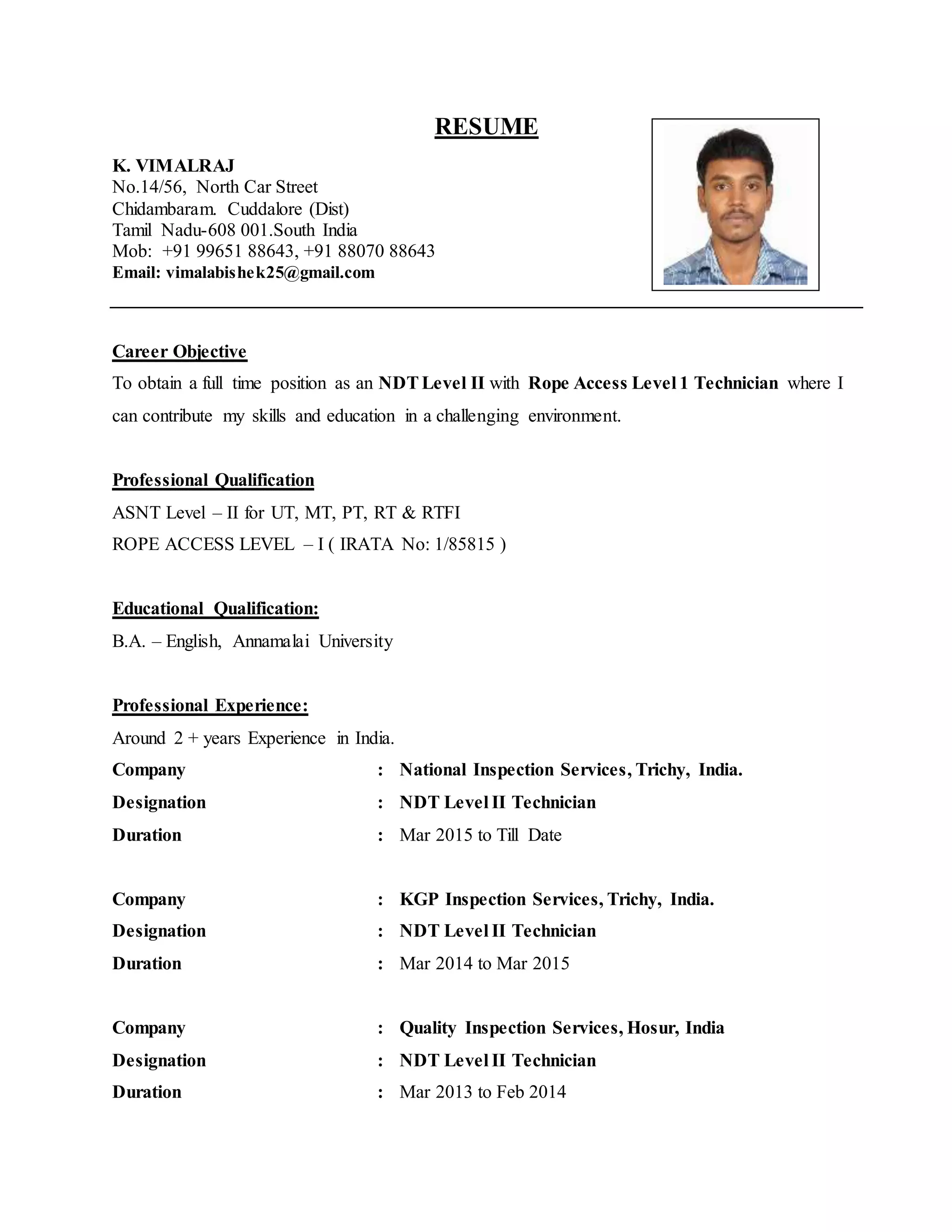 Vimalraj NDT CV | DOCX