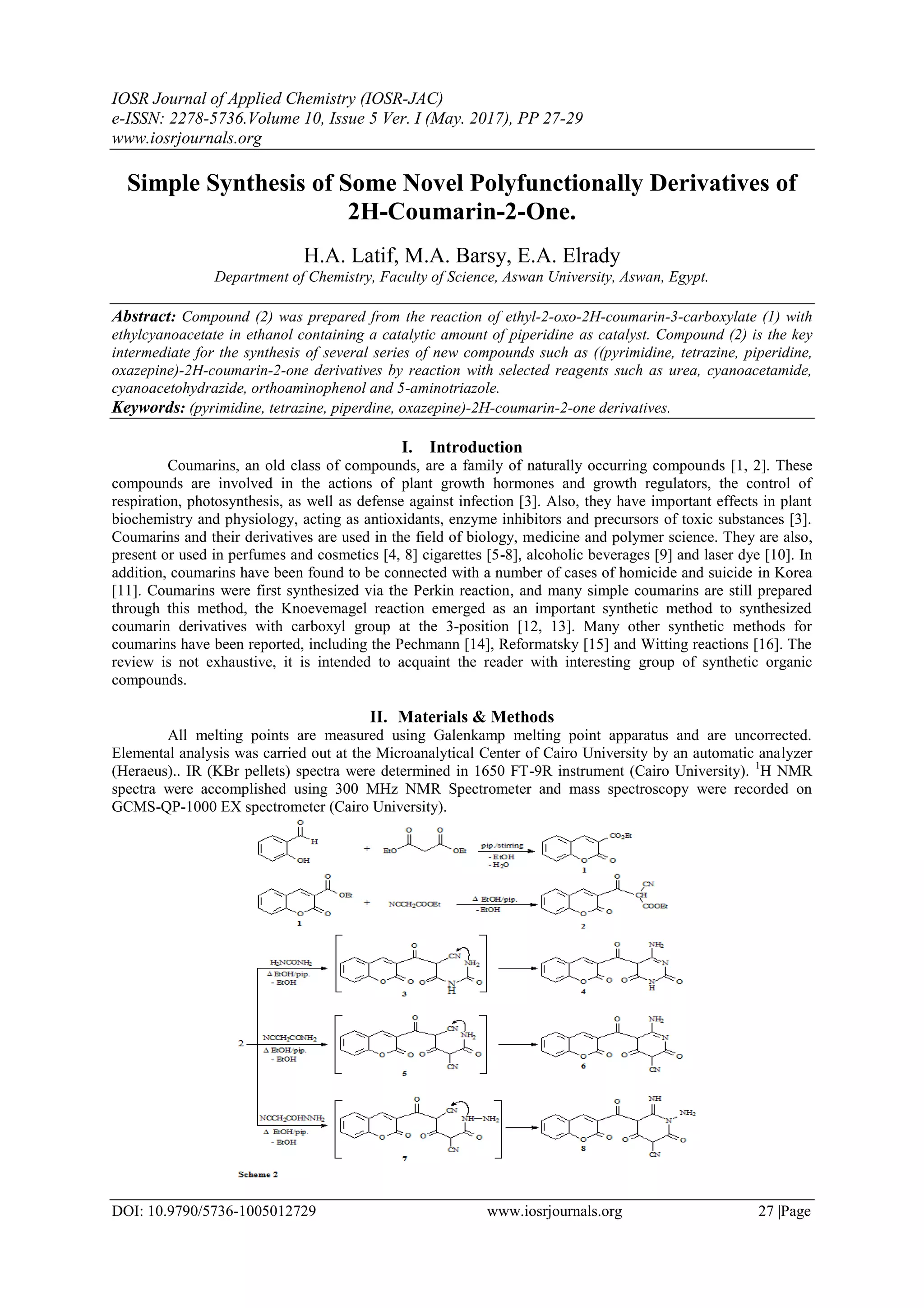 Simple Synthesis of Some Novel Polyfunctionally Derivatives of 2H-Coumarin-2-One. | PDF