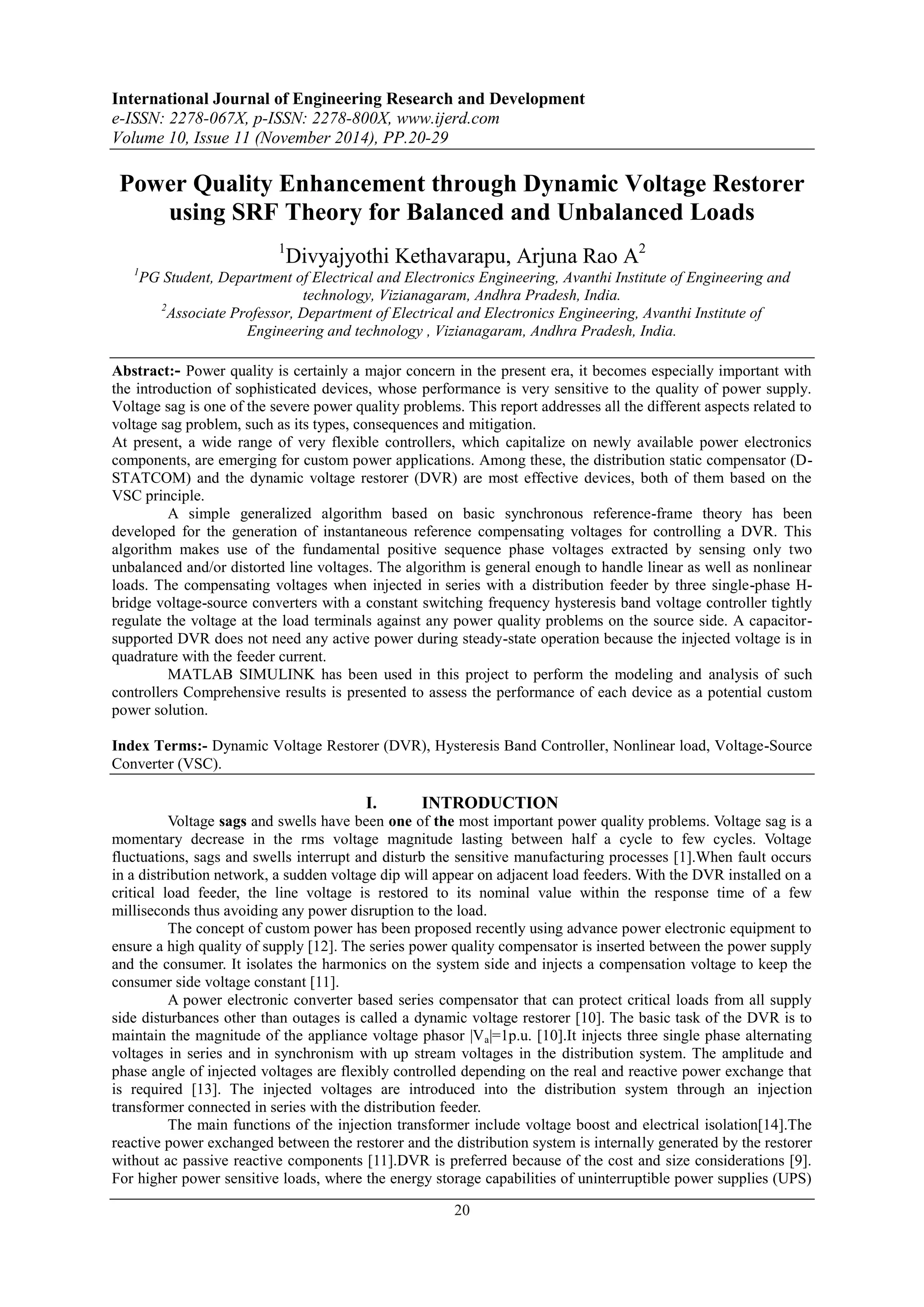 Power Quality Enhancement through Dynamic Voltage Restorer using SRF Theory for Balanced and ...