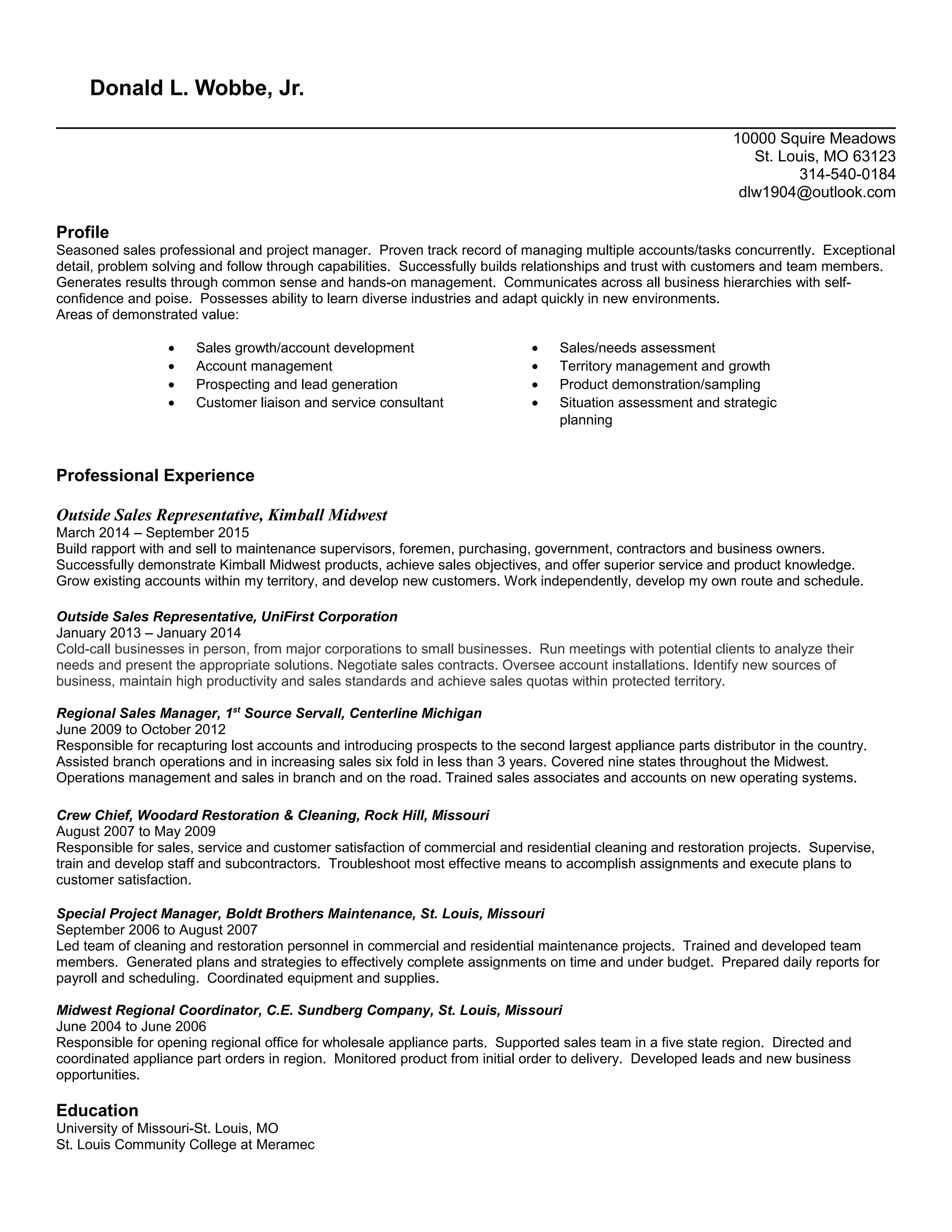 Donald L. Wobbe, Jr Resume 10-15 | DOC