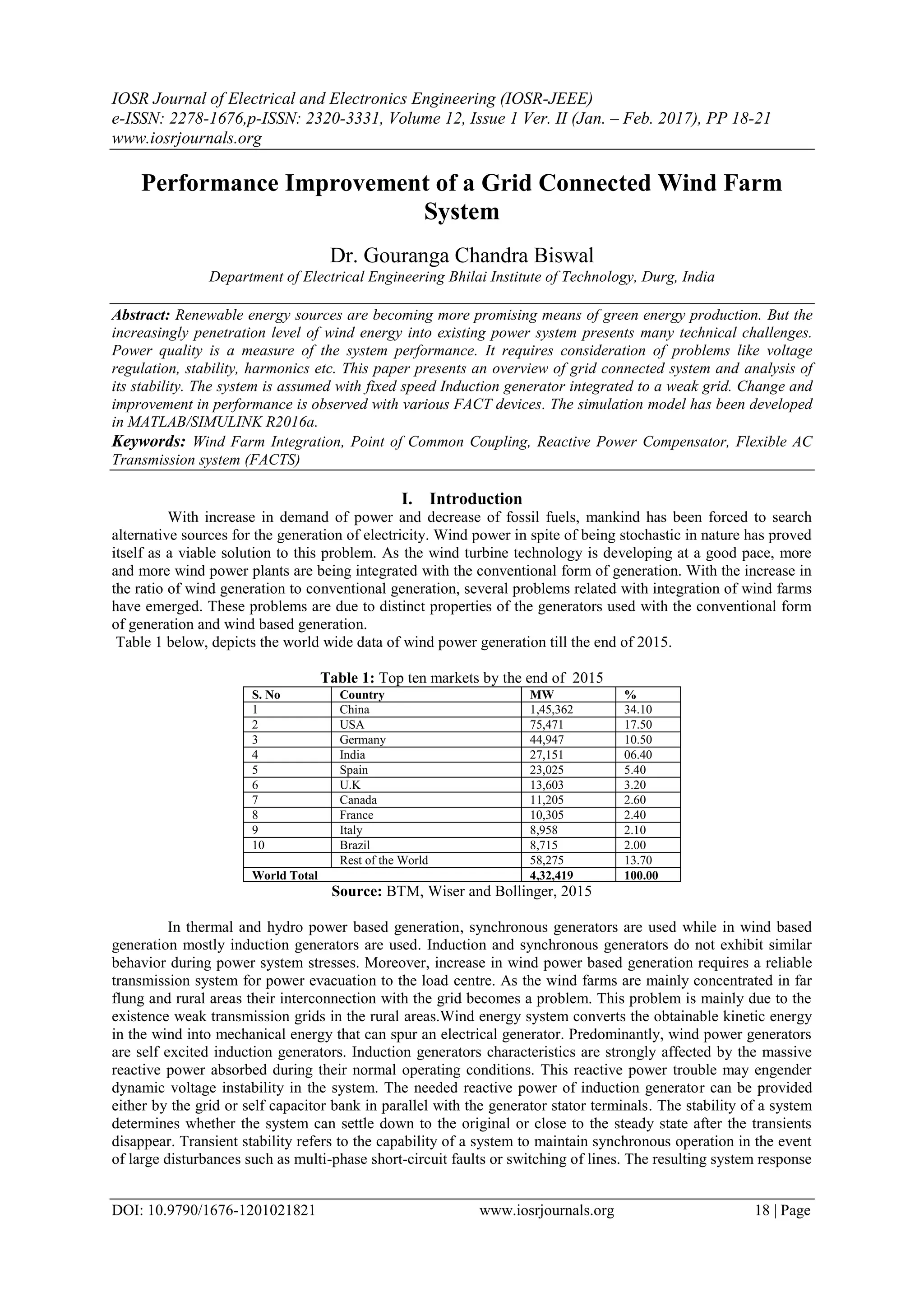 Performance Improvement of a Grid Connected Wind Farm System | PDF