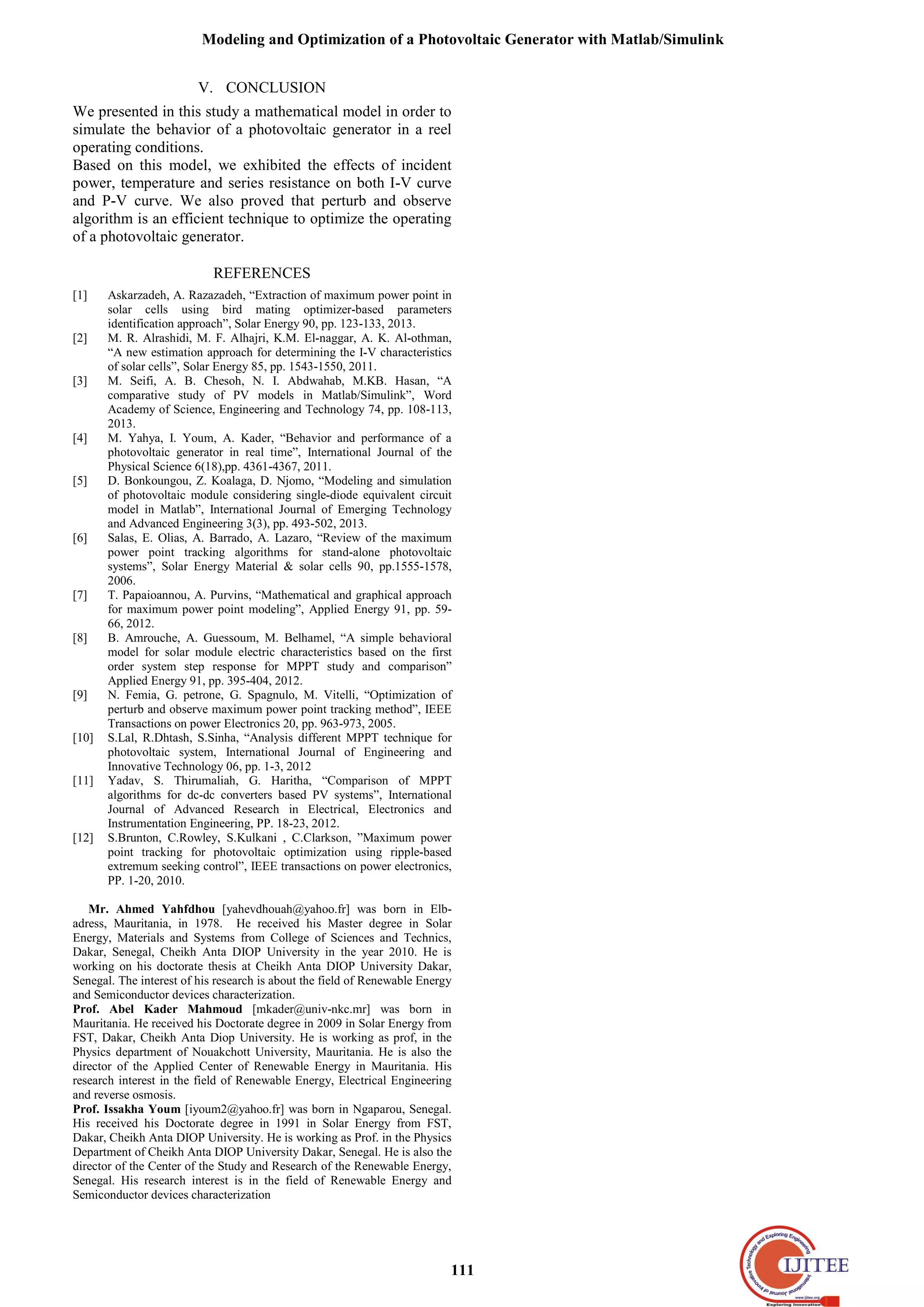 Modeling and Optimization of a Photovoltaic Generator with Matlab/Simulink | PDF
