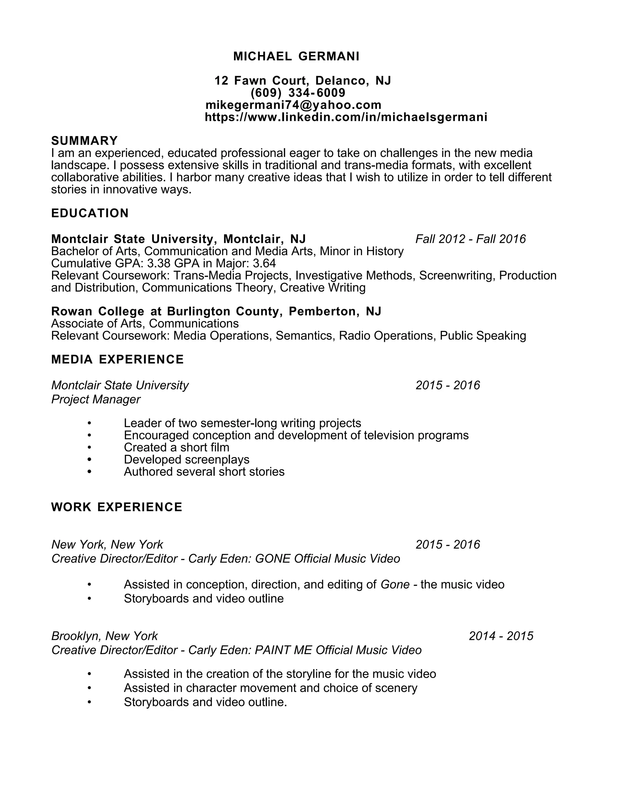 MICHAEL GERMANI updated resume | DOC