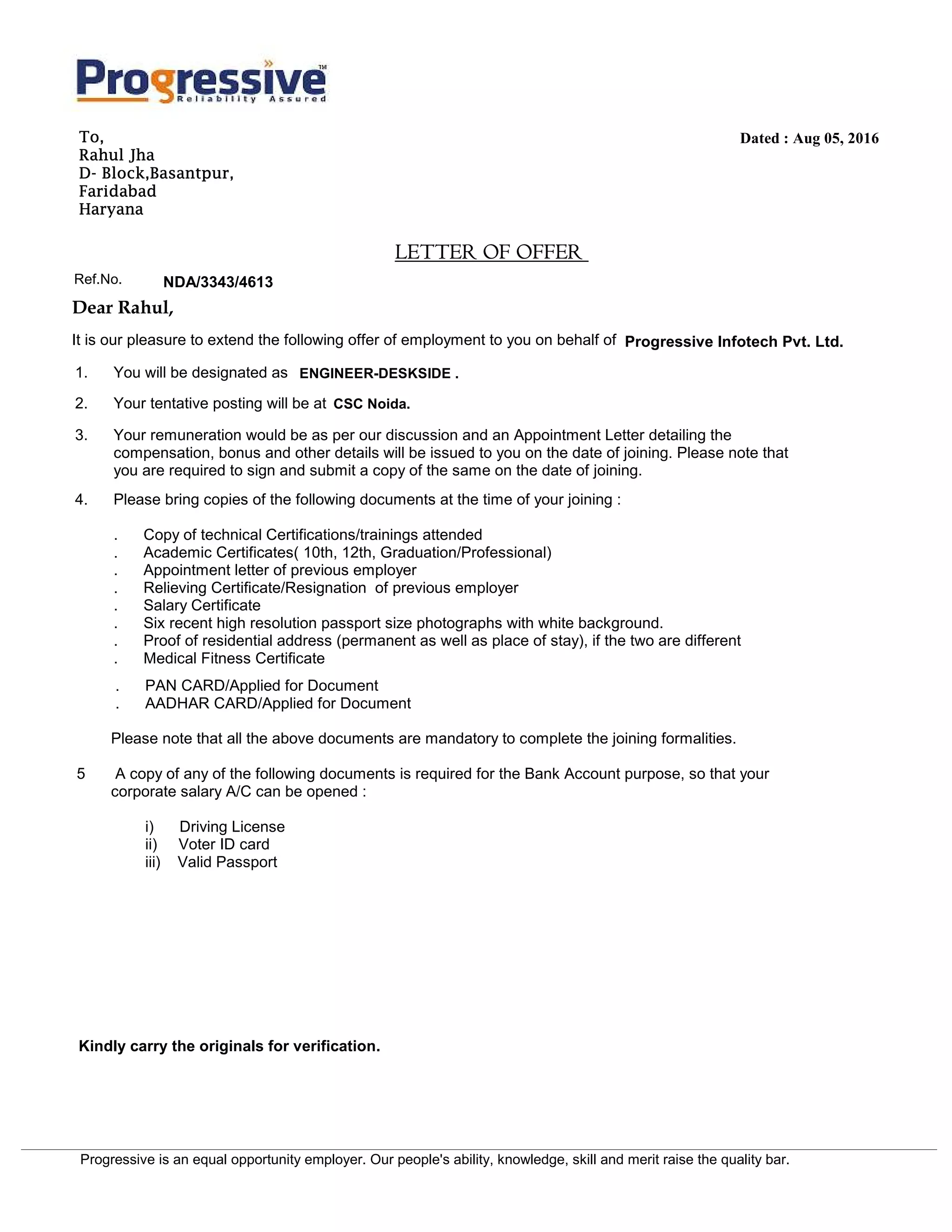 Letter of Offer - Rahul Jha | PDF