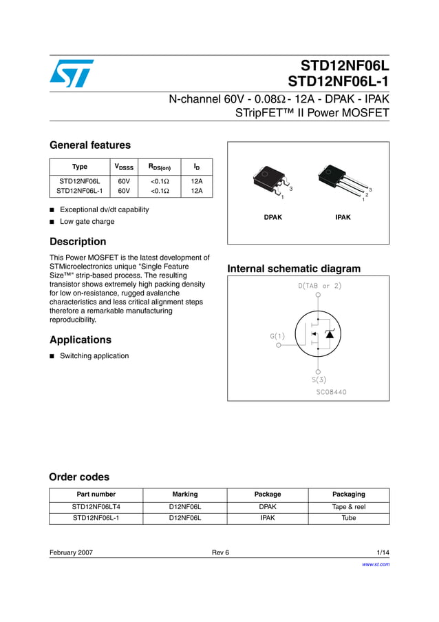 Original N-Channel Mosfet STD12NF06LT4 12NF06 D12NF06 D12NF 60V 12A TO-252 New ...