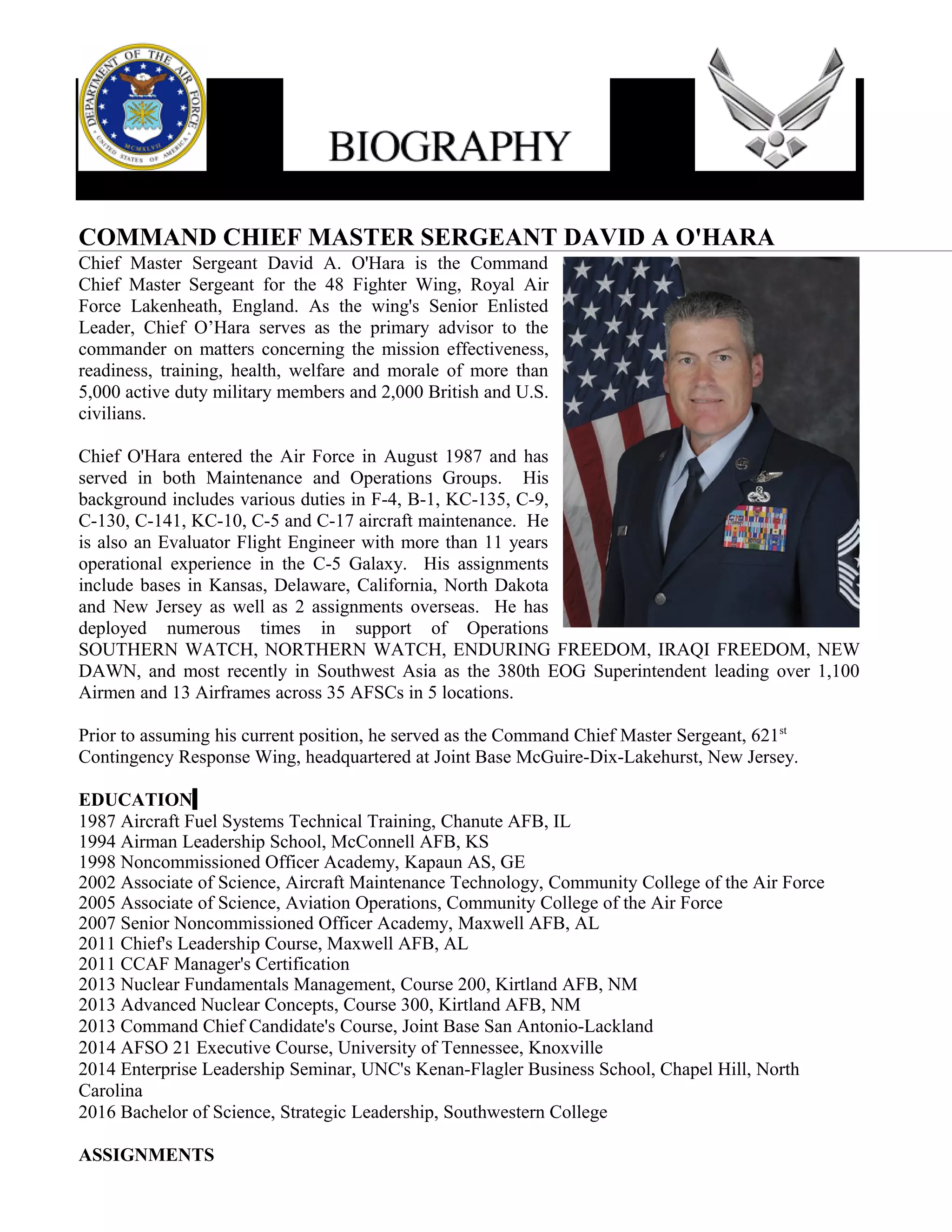CMSgt DavidO'Hara BIO 31 Aug 16 | DOC