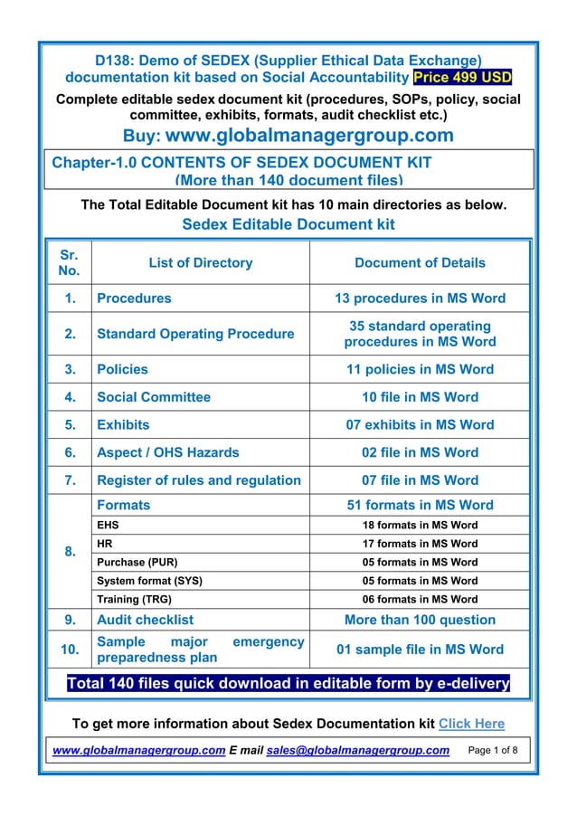 SEDEX Certification Documents kit | PDF