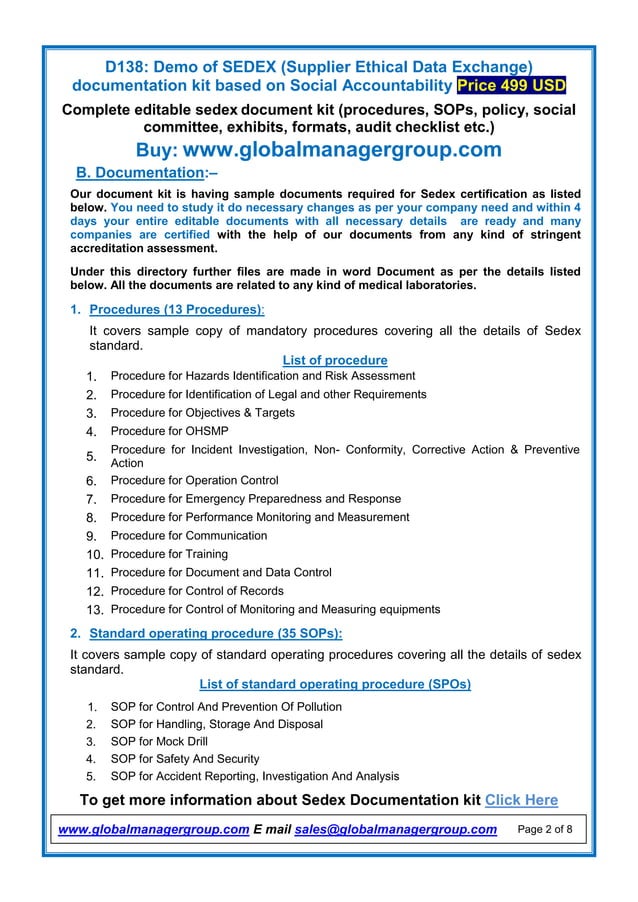 SEDEX Certification Documents kit | PDF