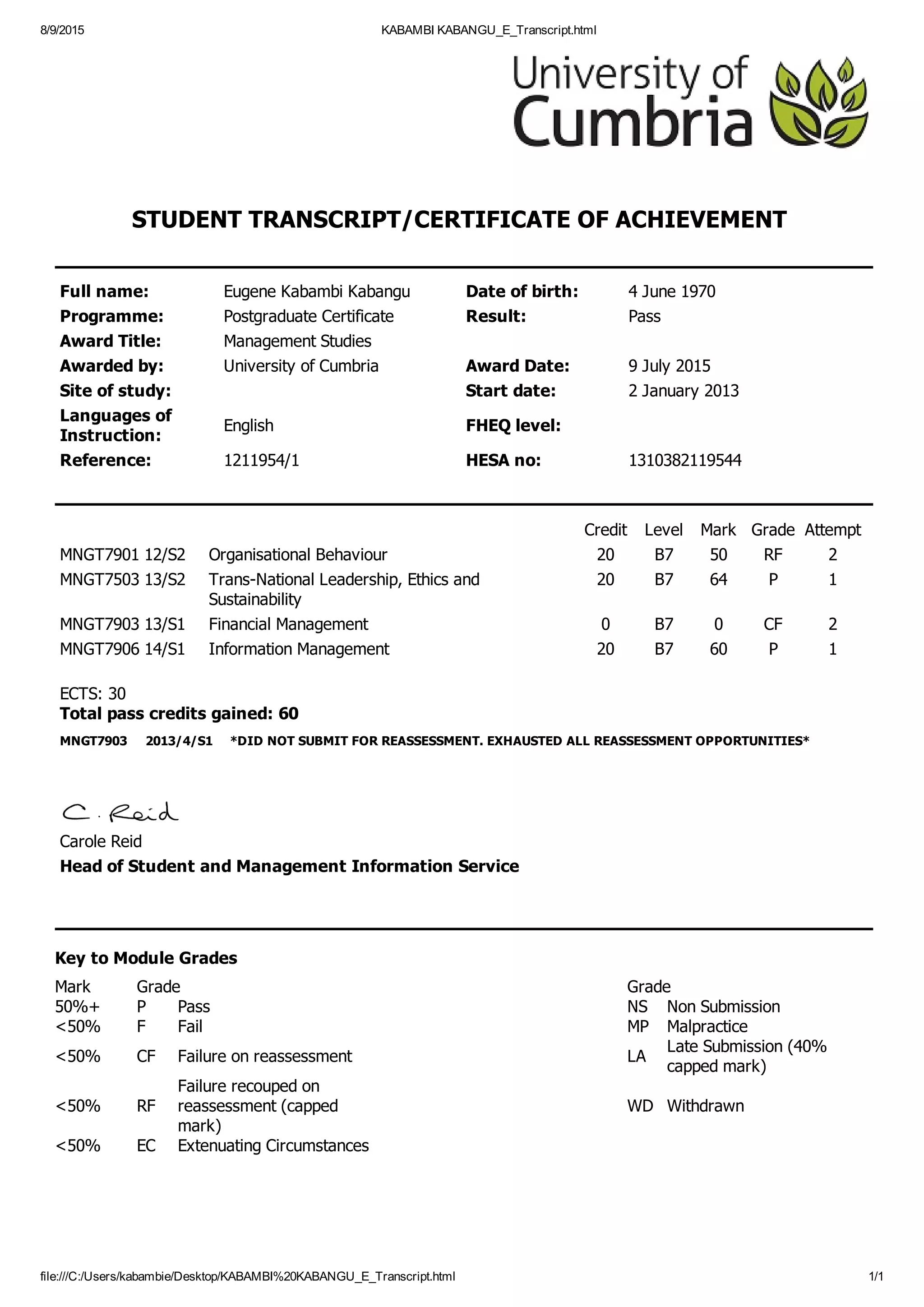 KABAMBI KABANGU_Eugene_ CERTIFICATE OF ACHIEVEMENT_Transcript University of Cumbria | PDF