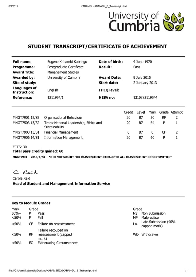 KABAMBI KABANGU_Eugene_ CERTIFICATE OF ACHIEVEMENT_Transcript University of Cumbria | PDF