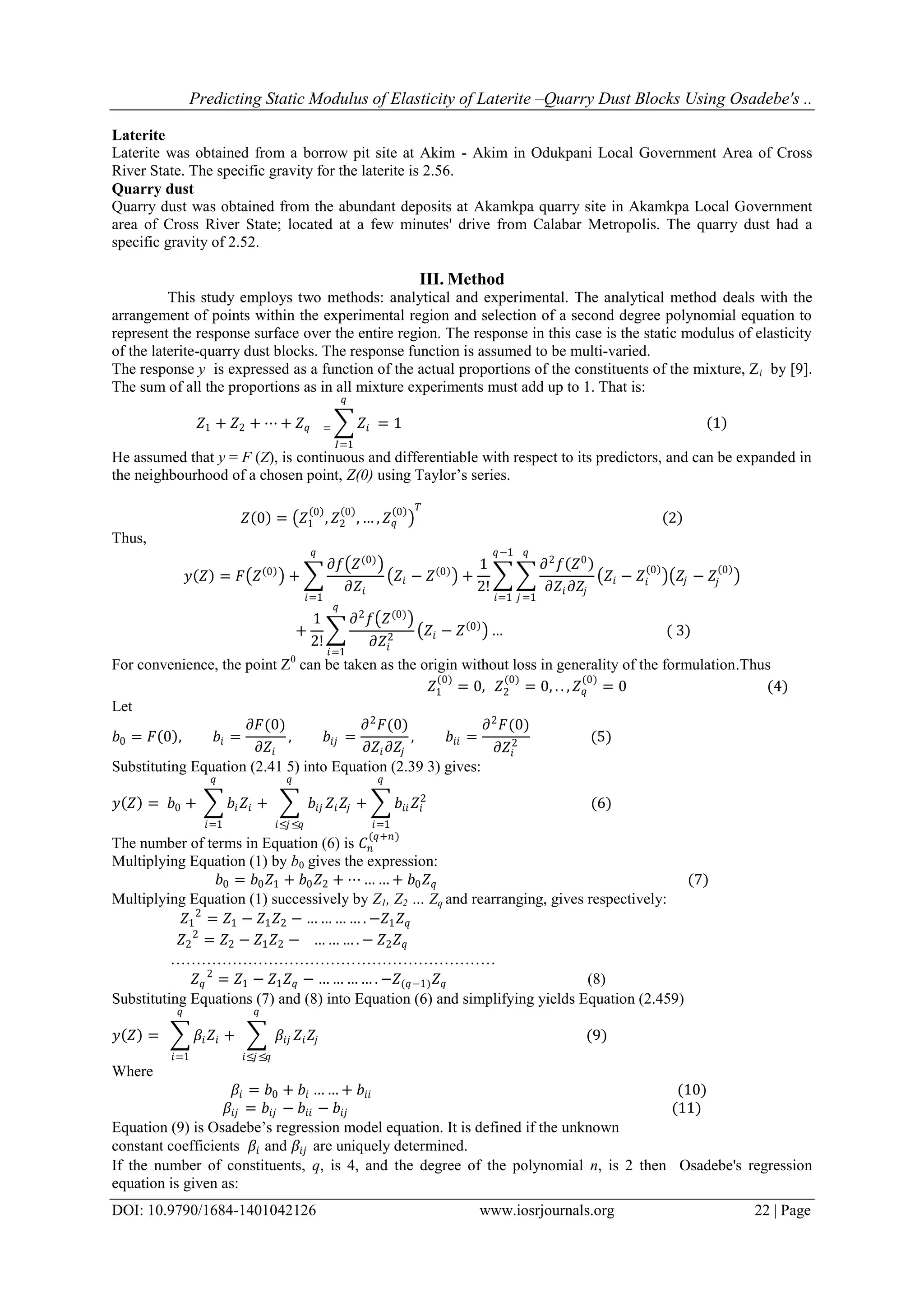 Predicting Static Modulus Of Elasticity Of Laterite Quarry Dust Blocks Using Osadebes