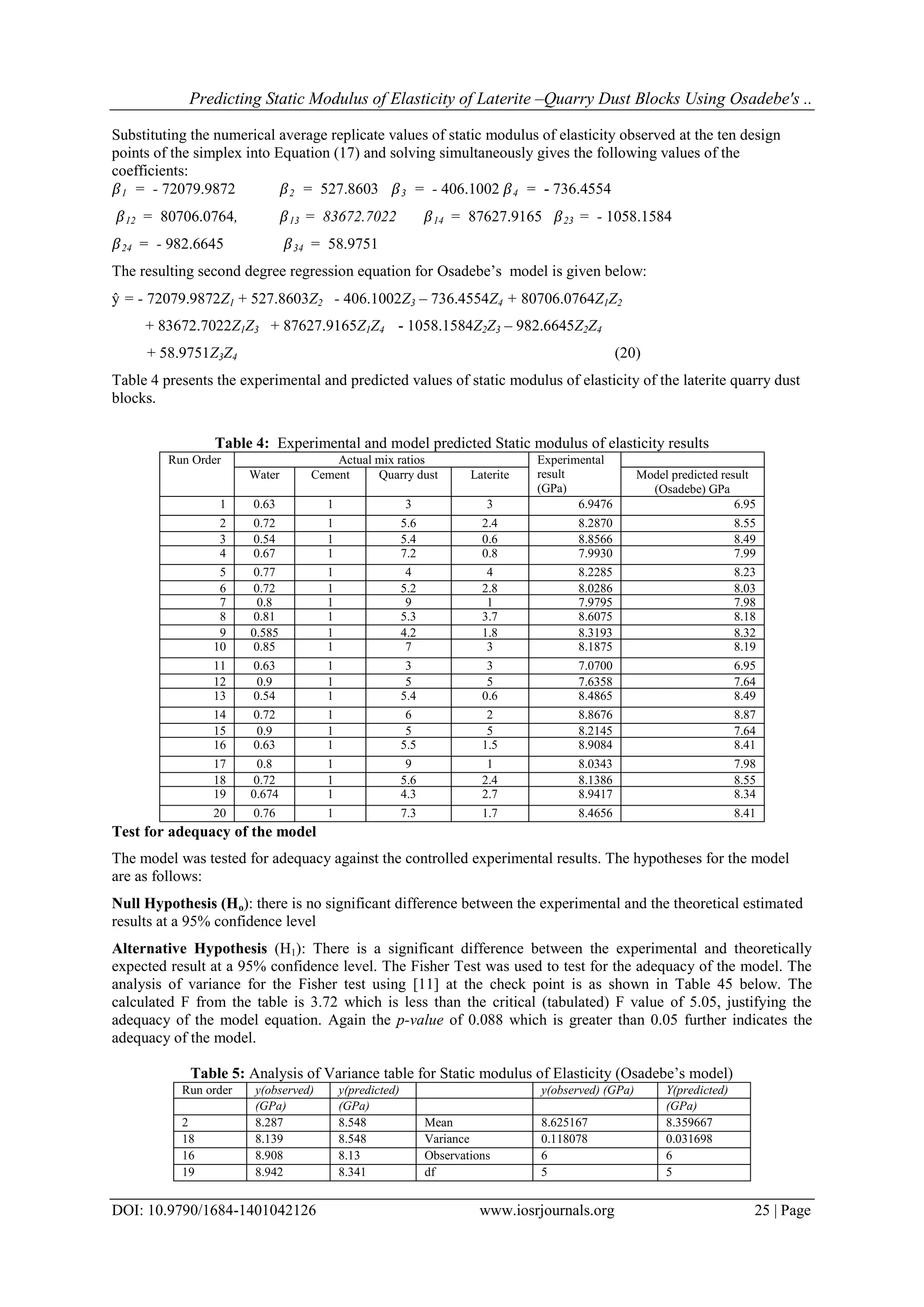 Predicting Static Modulus Of Elasticity Of Laterite Quarry Dust Blocks Using Osadebes