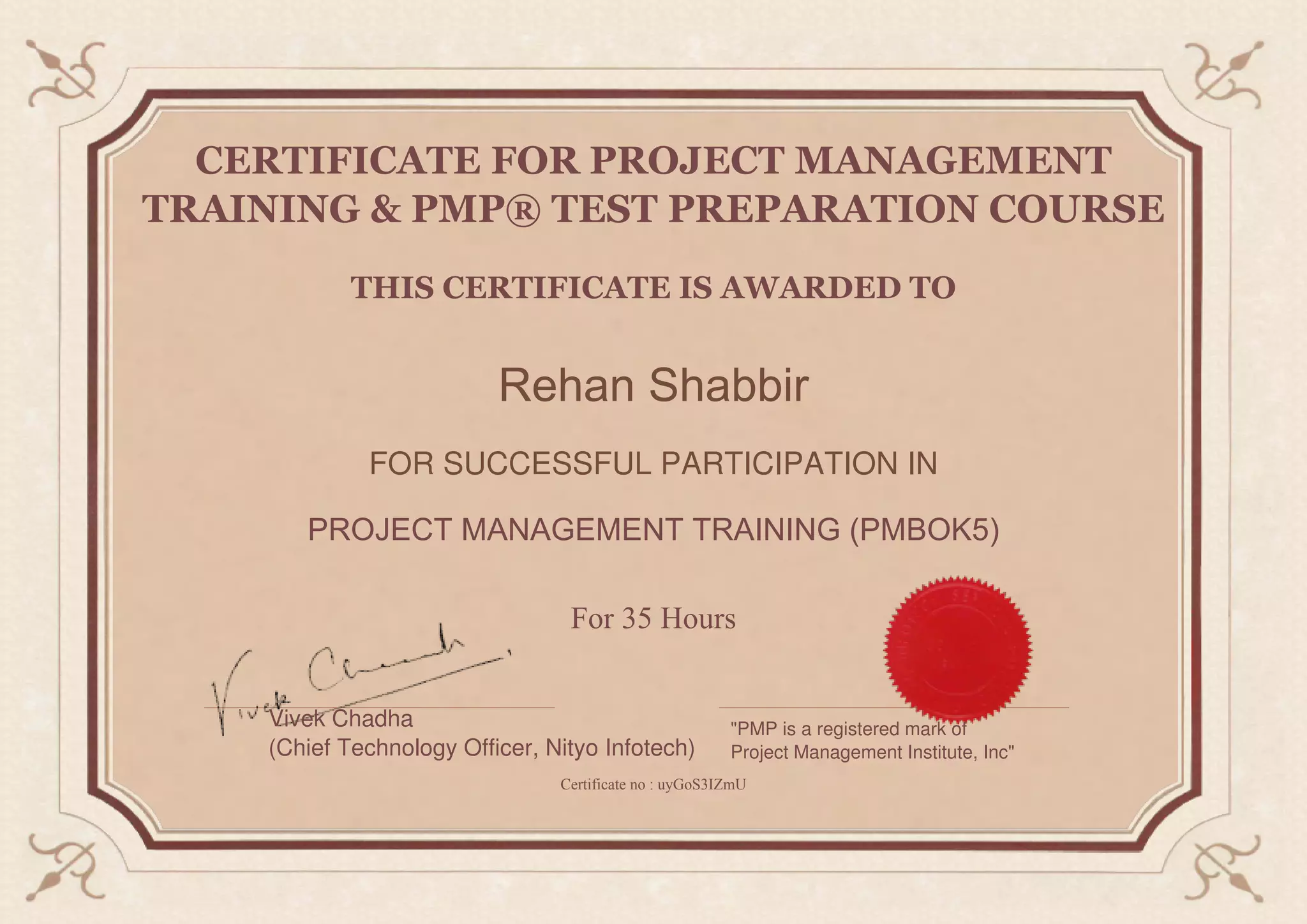PMP Training Certificate | PDF | Business | Business and Finance