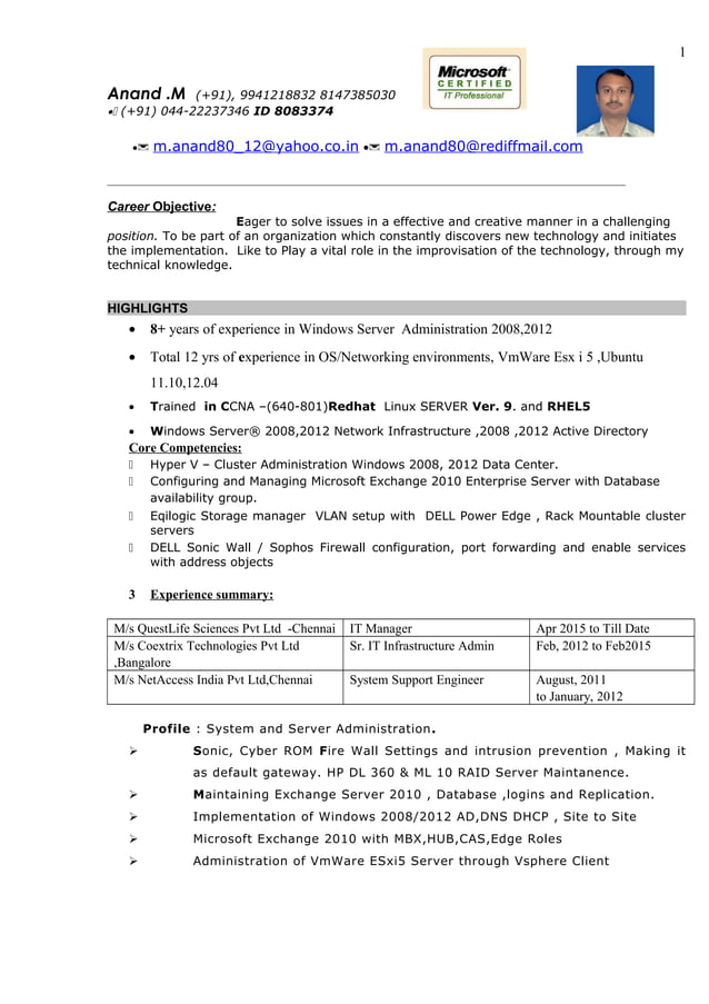 Anand2016ServerAdministratorCVUpdt | DOC | IT and Internet Support | Internet