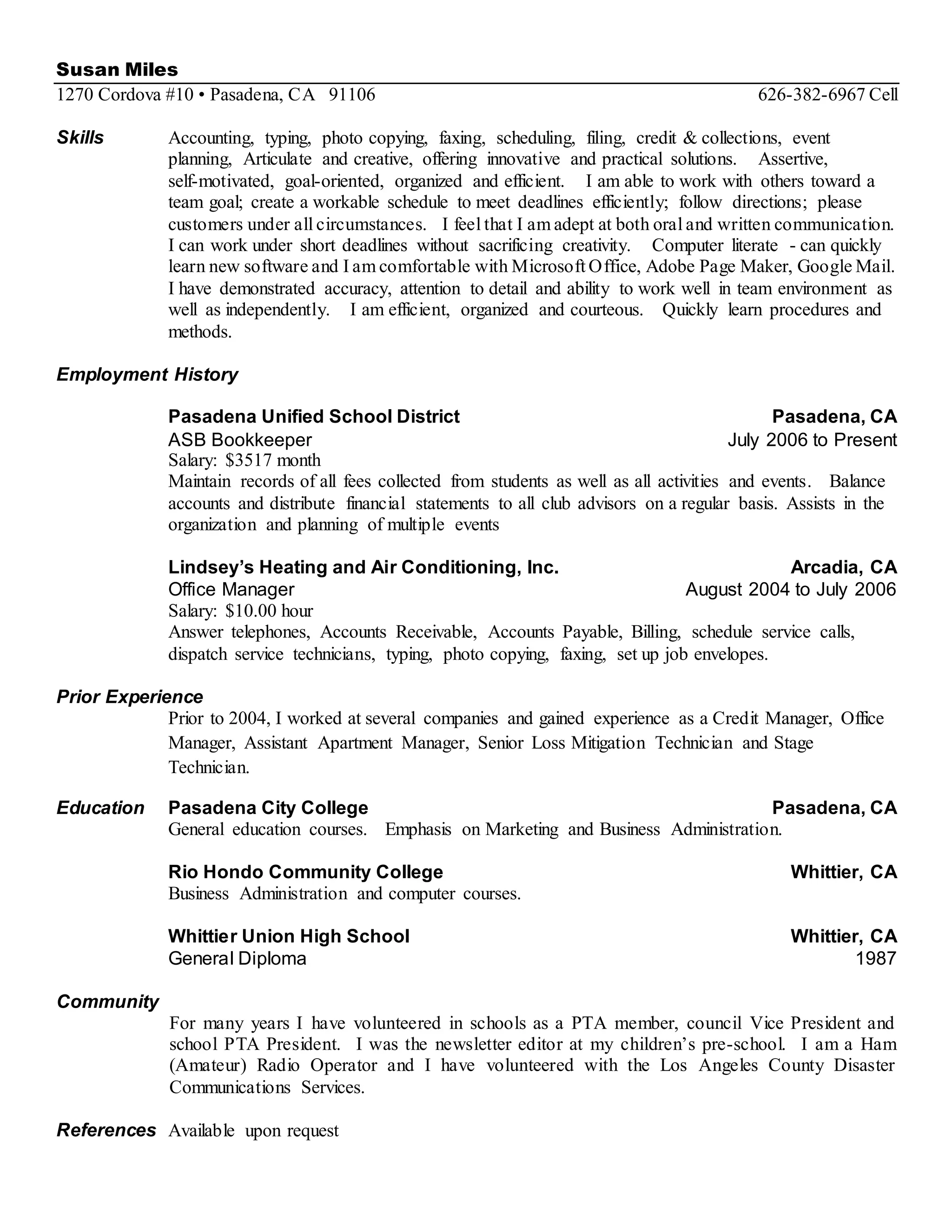 Susan Miles resume - accounting, event planning, office manager | PDF