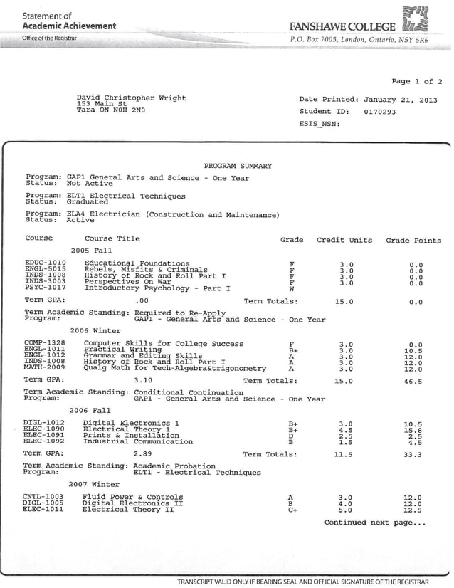 Fanshawe Transcript 1 of 2 | PDF