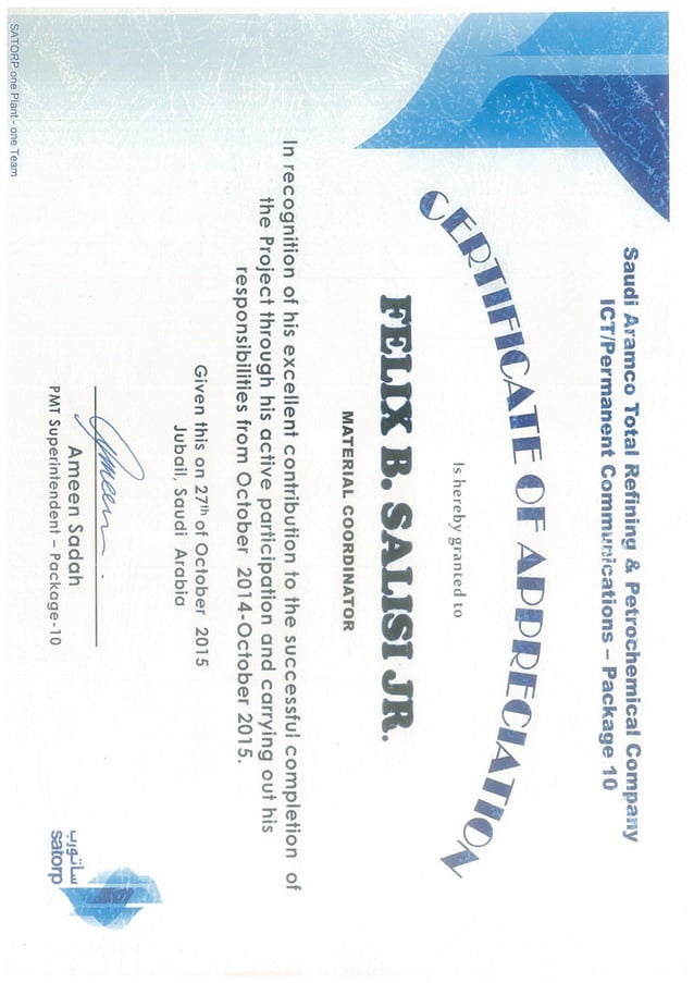 SATORP CERT. Appreciation | PDF