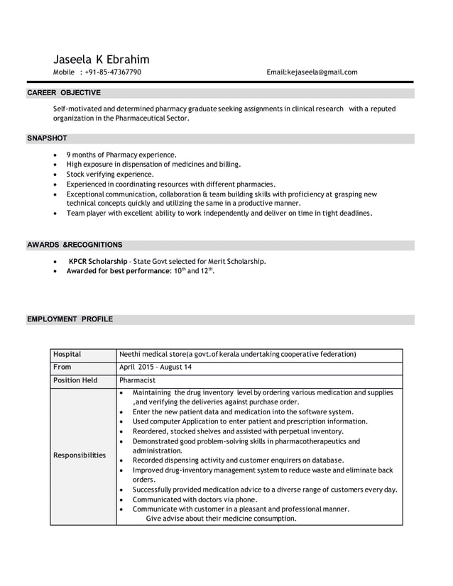 Resume-Jaseela | DOCX | Pharmaceutical Industry | Industries