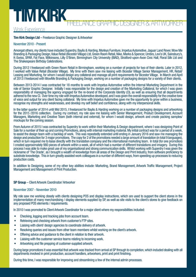 Tim_Kirk_CV_0116 | PDF | Arts and Crafts | Hobbies & Interests