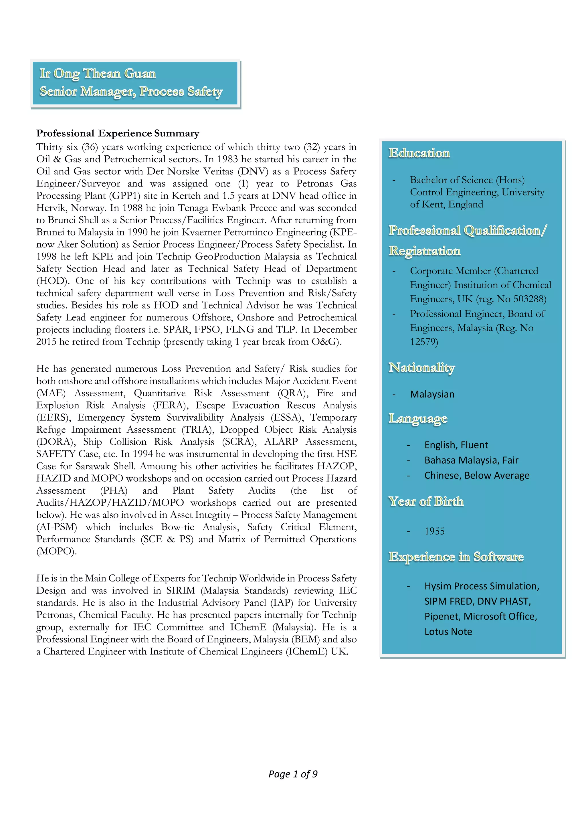 TG Ong Professional Experience Summary | PDF