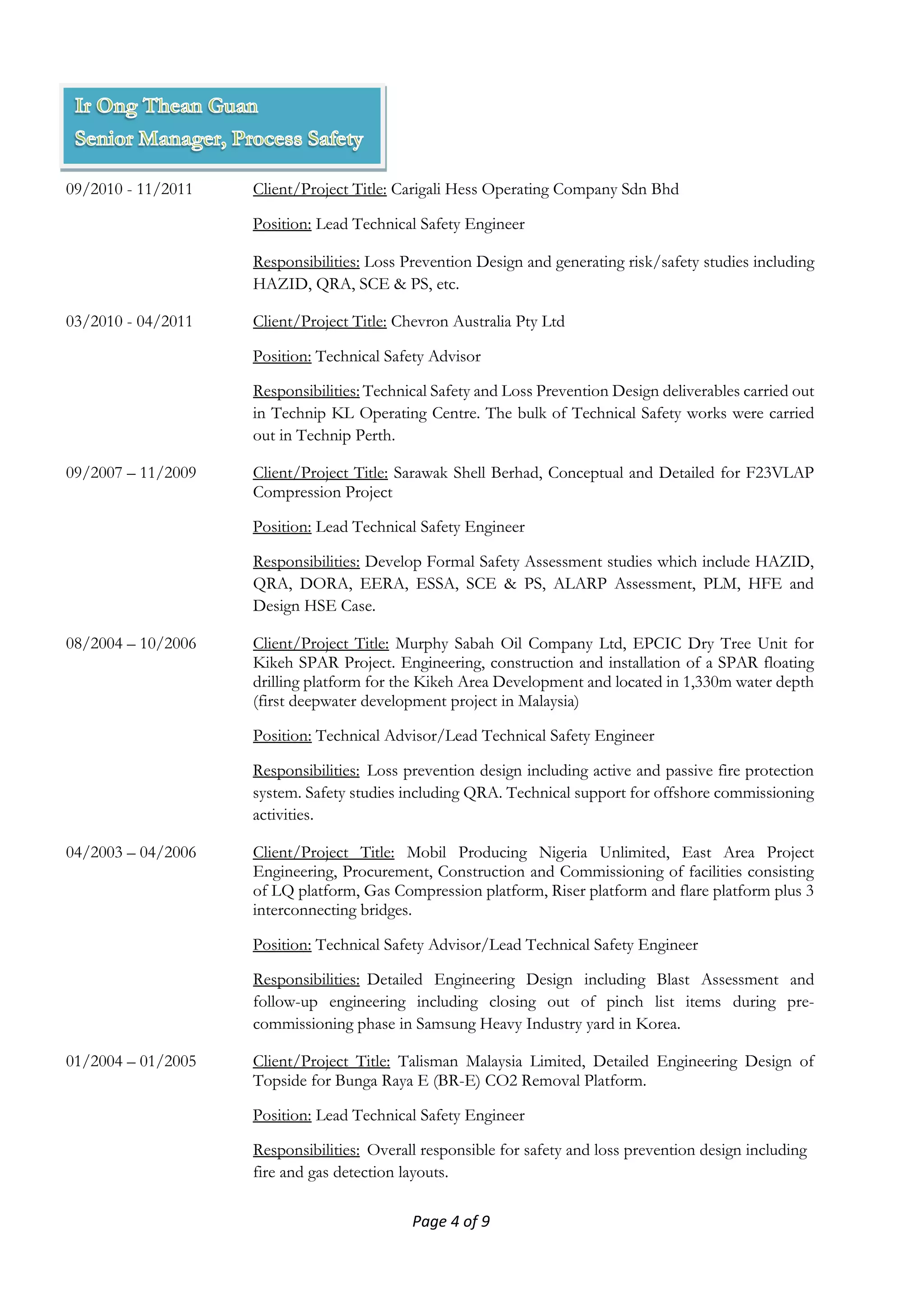 TG Ong Professional Experience Summary | PDF