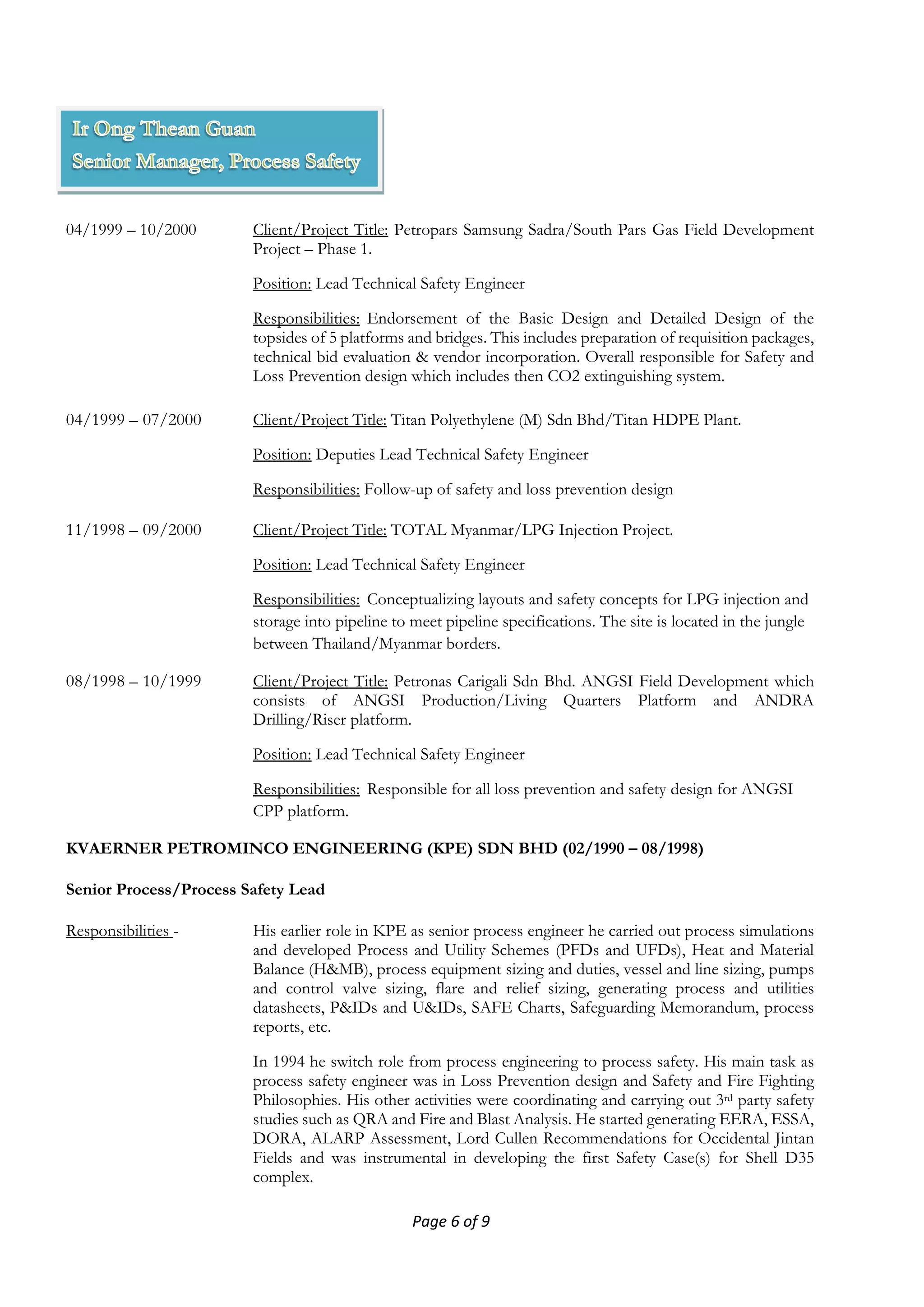 TG Ong Professional Experience Summary | PDF