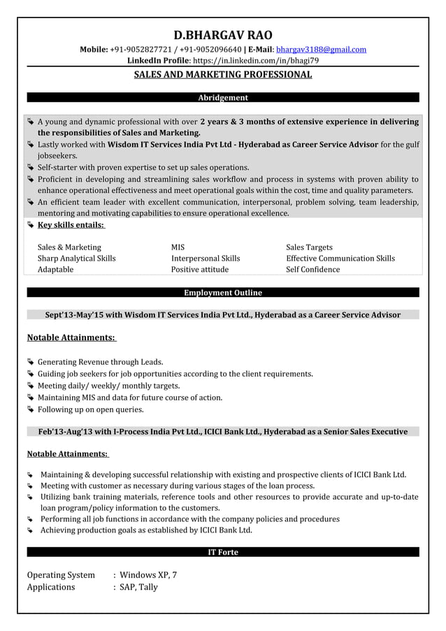 D Bhargav Rao _2_Resume | DOC | Sales | Business