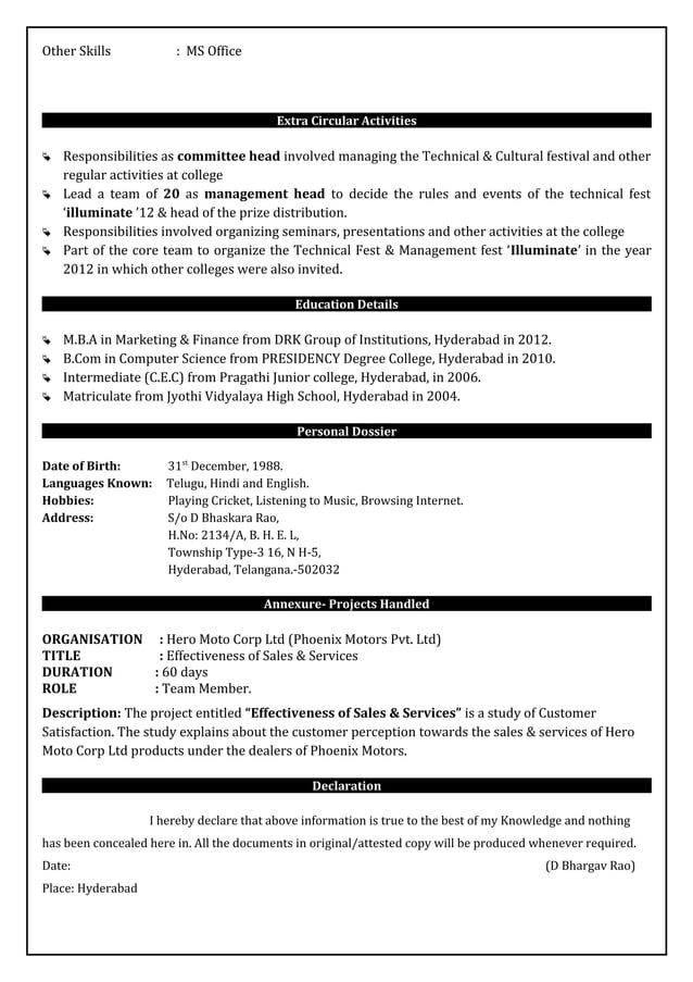 D Bhargav Rao _2_Resume | DOC | Sales | Business