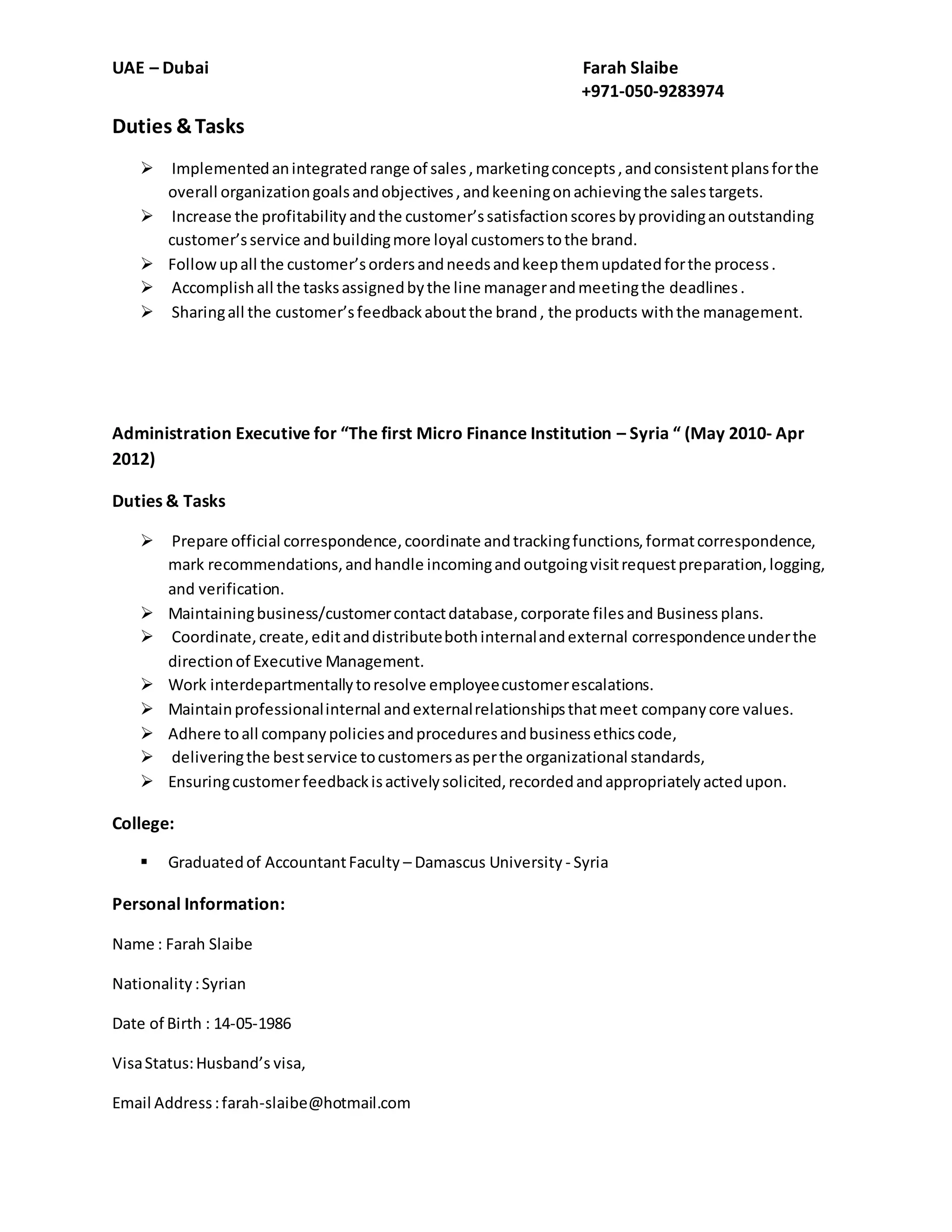 farah new cv | DOCX | Sales | Business