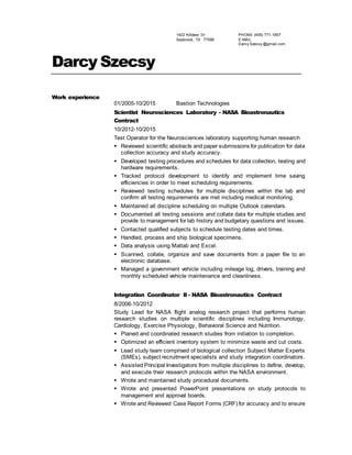 Darcy_Szecsy_Resume NASA | DOCX | Biological Sciences | Science
