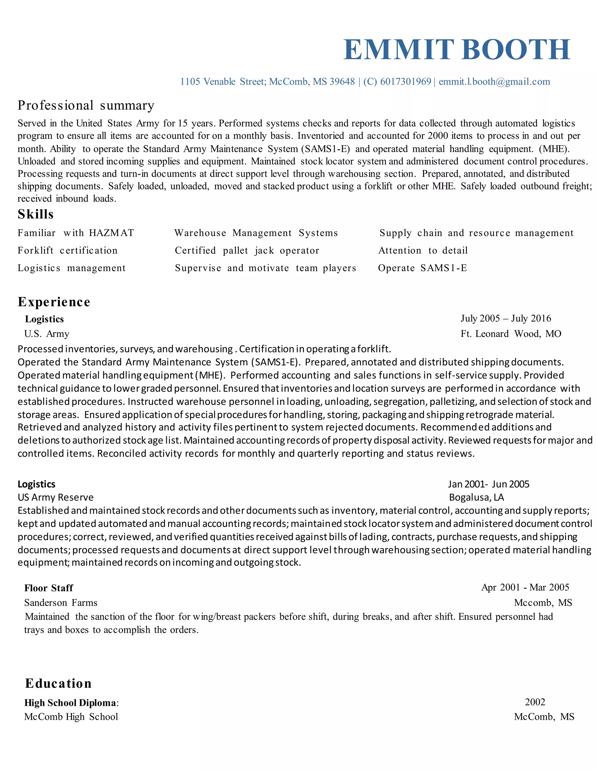Emmit Booth Resume | DOCX | Logistics | Business