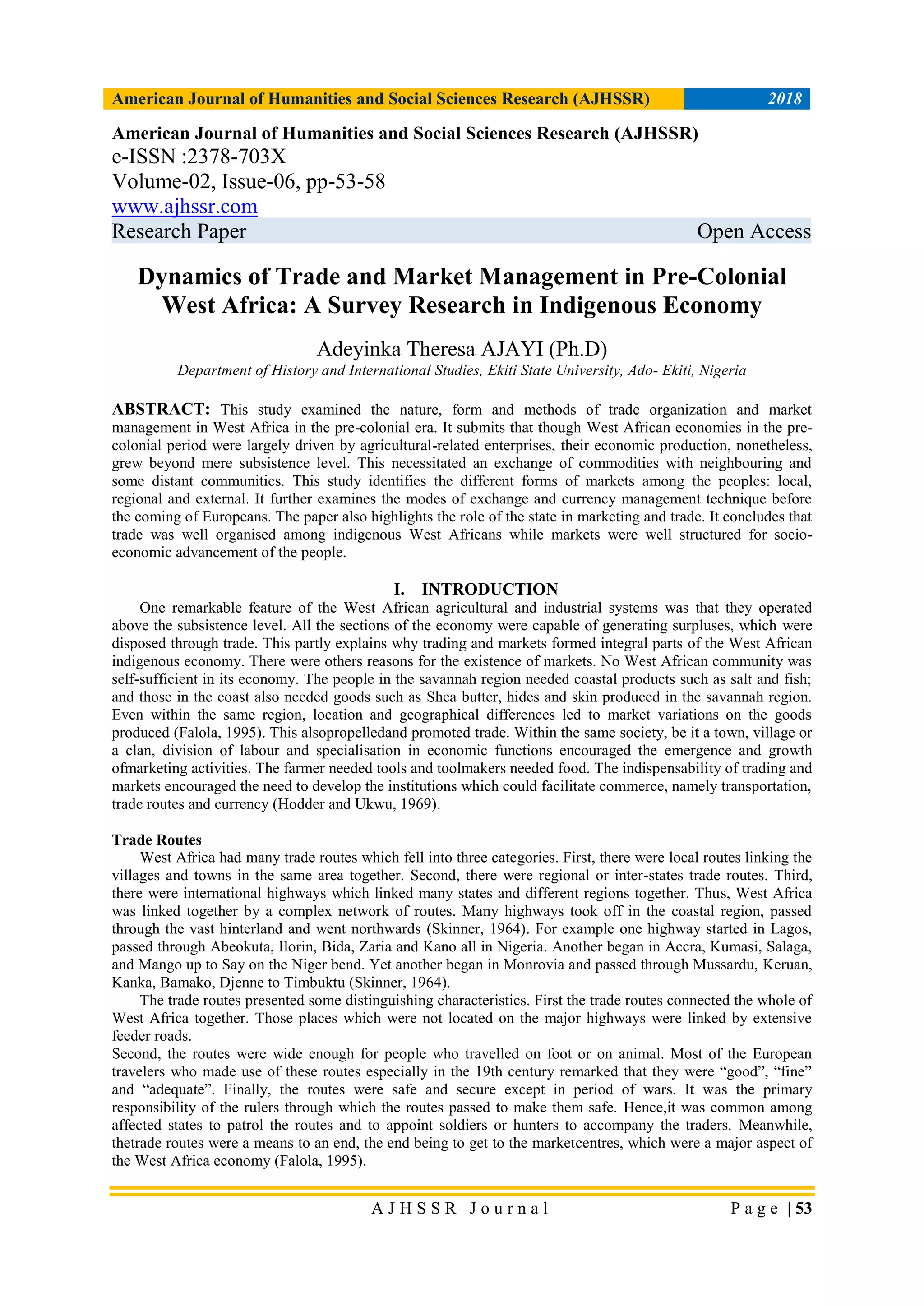 Dynamics of Trade and Market Management in Pre-Colonial West Africa: A ...