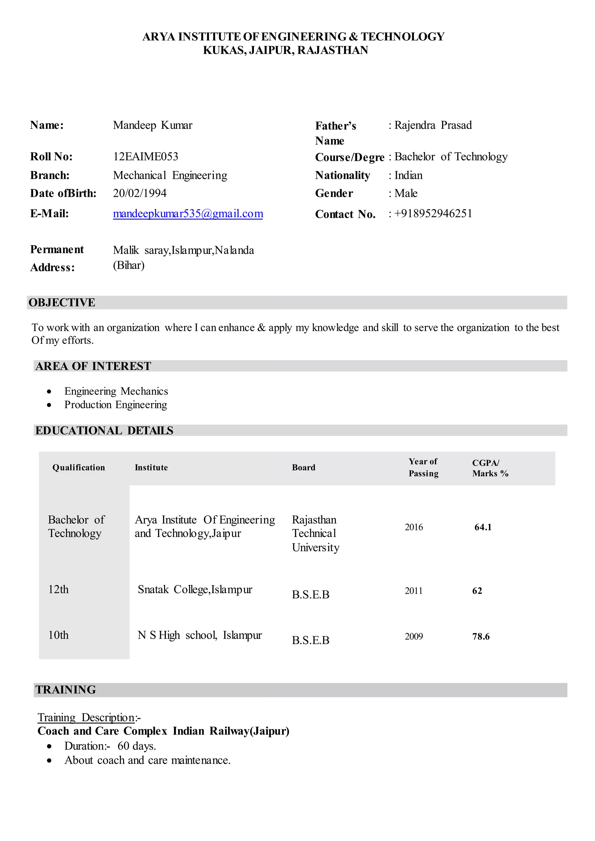 resume mandeep | DOCX